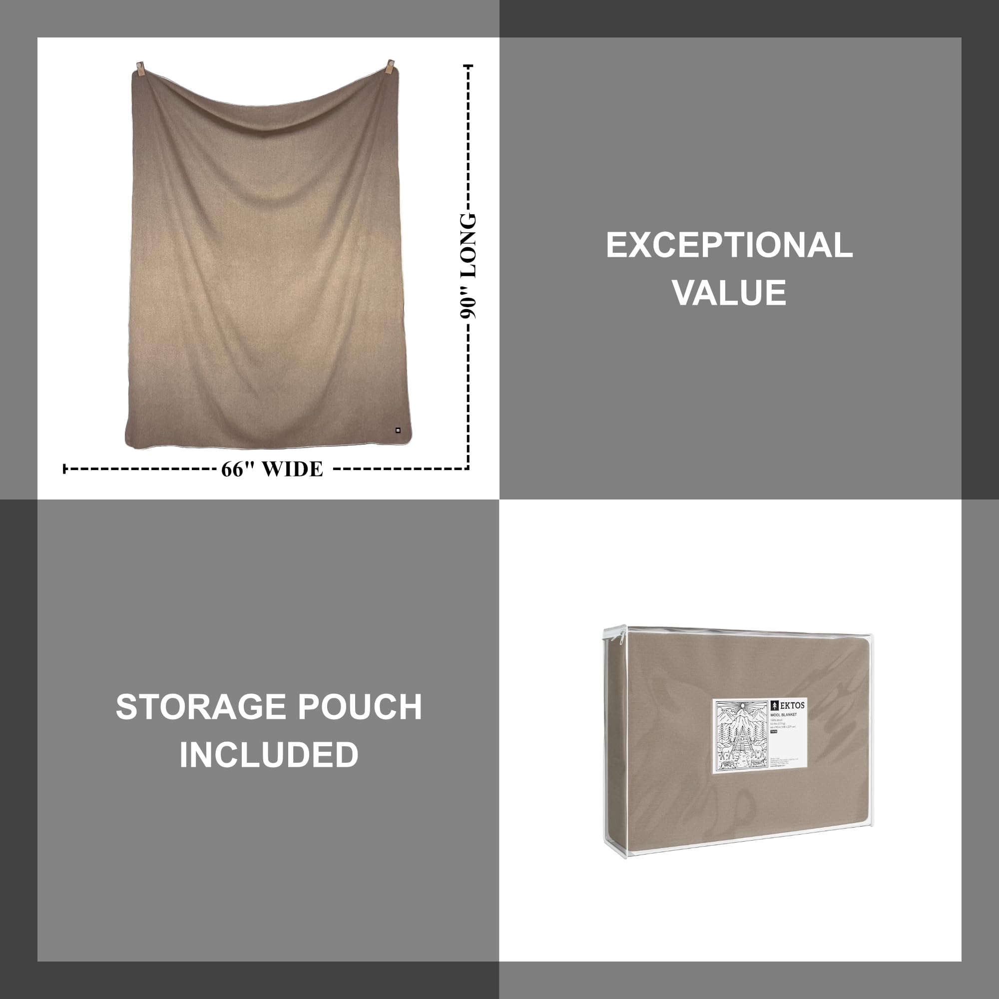 EKTOS 100% Wool Blanket, 90" x 66", Warmest Blanket, Military Blanket, Thick Wool Blanket (Light Brown, Twin Size)