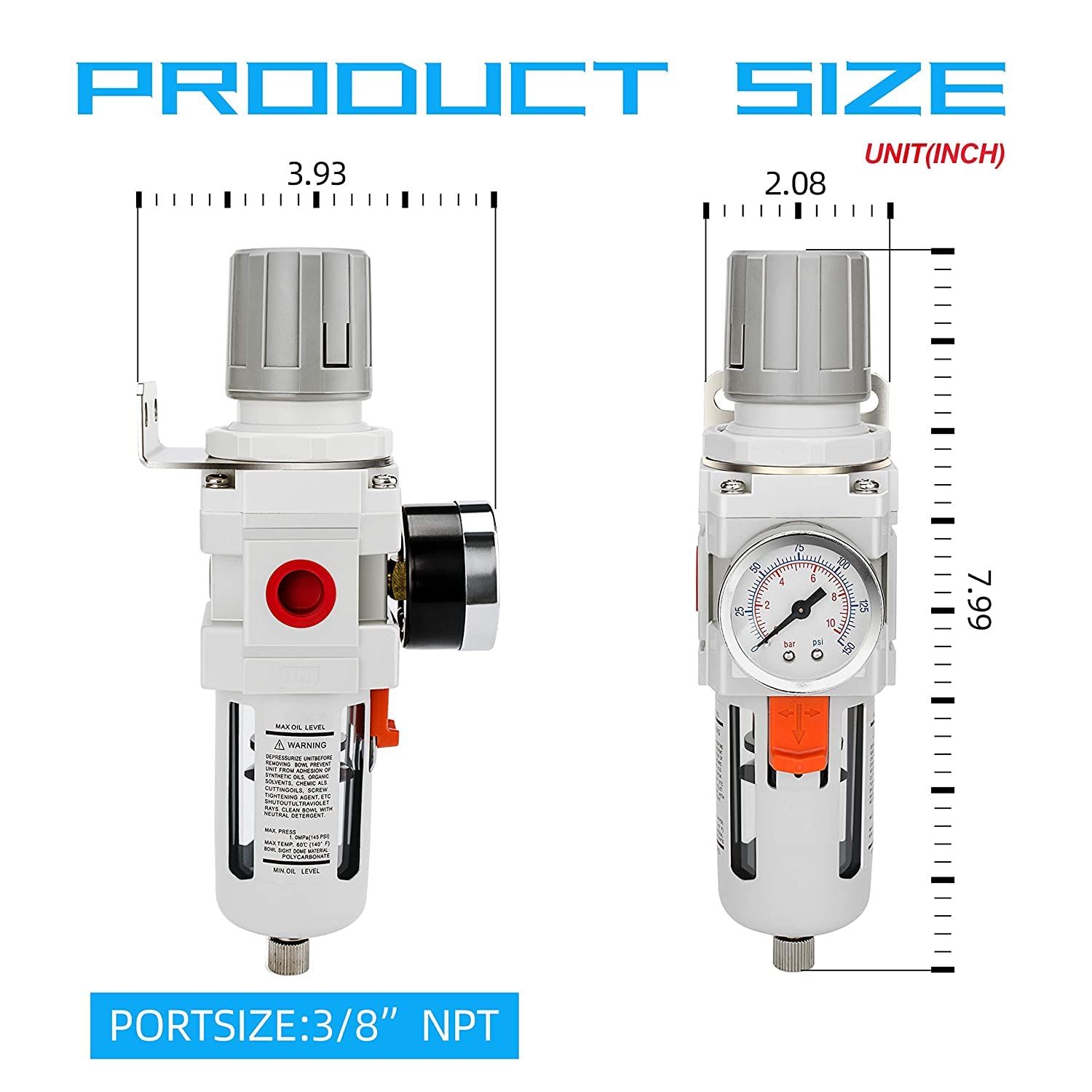 NANPU 3/8" NPT Compressed Air Filter Regulator Combo Piggyback, Auto Drain, 5 Micron Brass Element, Poly Bowl, Metal Bracket, 0-150 psi Gauge