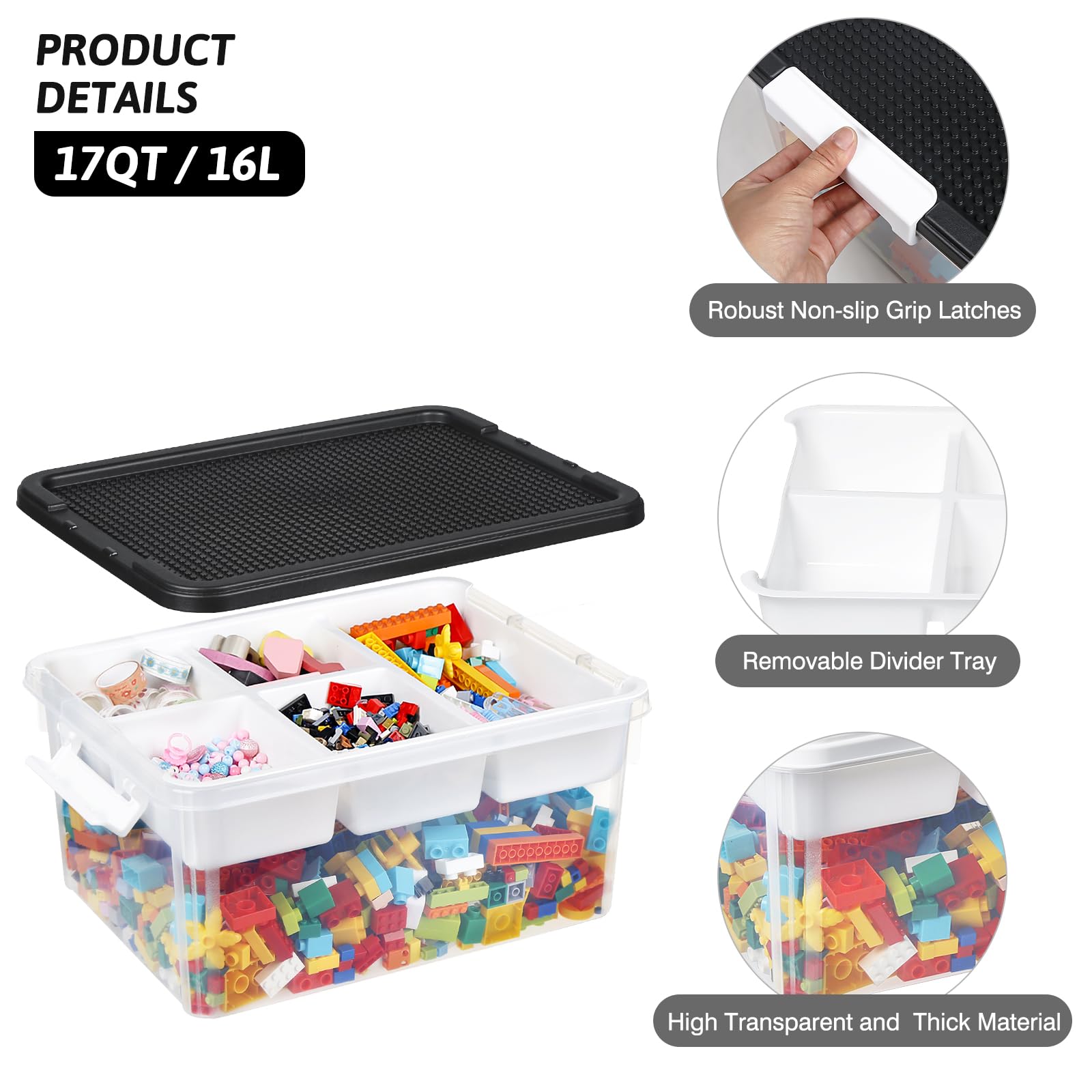 Loobuu 3 Pack Art Craft Storage Organizer Box with Building Baseplate Lid and Removable Tray-17QT Clear Plastic Stackable Container Bin for Organizing Toy/Sewing/Bead/Tool/Playdoh(15.94"x11.61"x7.28")