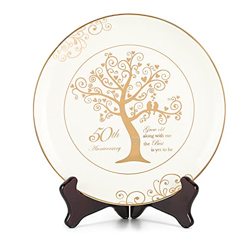 Urllinz 50th Anniversary Plates with 24k Gold Foil-50th Anniversary Wedding Gifts for Parents Couples,Valentine's Day Gifts, 50 Year Golden Wedding Gifts,Porcelain Plate for Her Him with Stand 9 Inch