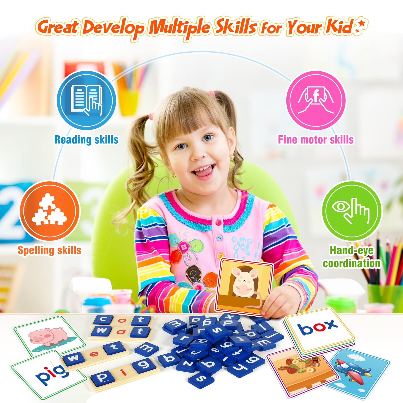 Learning Toys for 3 4 5 Years Old Kids - Short Vowel Letters Sorting Spelling Reading Toy Set with Double-Sided Flash Cards, Preschool Kindergarten Learning Activities Toy for Boys Girls