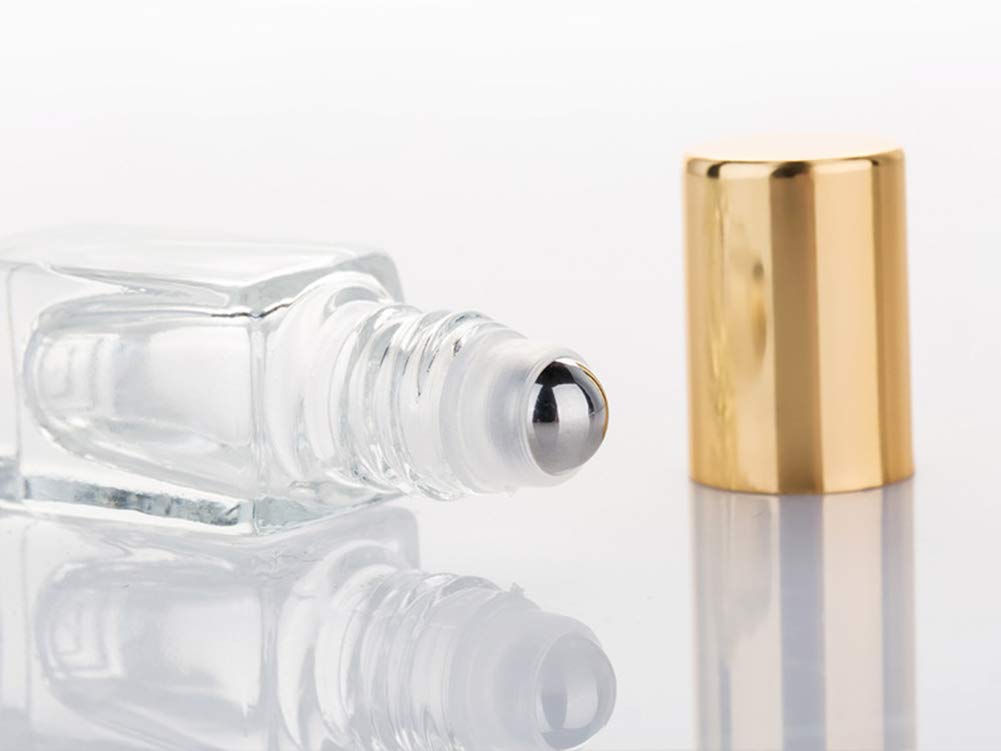 Furnido 3ml Square Glass Roller Bottle For Essential Oils,Mini Glass Bottles With Stainless Steel Roller Balls,Gold Aluminum Caps Portable Roll-On Vial Aromatherapy Perfume Container-10 Pack