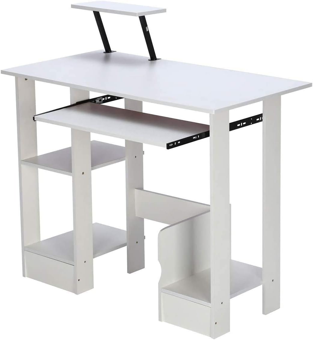 Harapu Strong Bearing Computer Desk, Home Office Storage Shelves Study Workstation Laptop Table, L90 x W48 x H73 cm, Warm White
