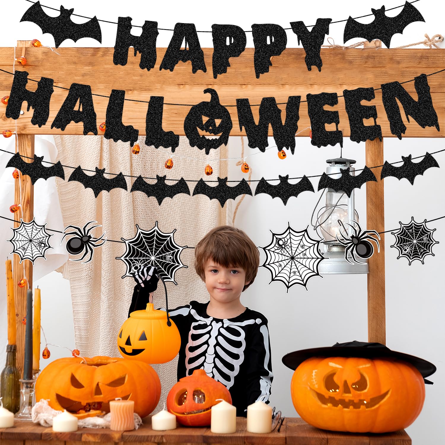 Happy Halloween Banner, NO-DIY Spider Web Halloween Decorations Garland Bat Garland Black Glitter Halloween Banner, Spider Garland for Halloween Office Decorations Halloween Classroom Decorations