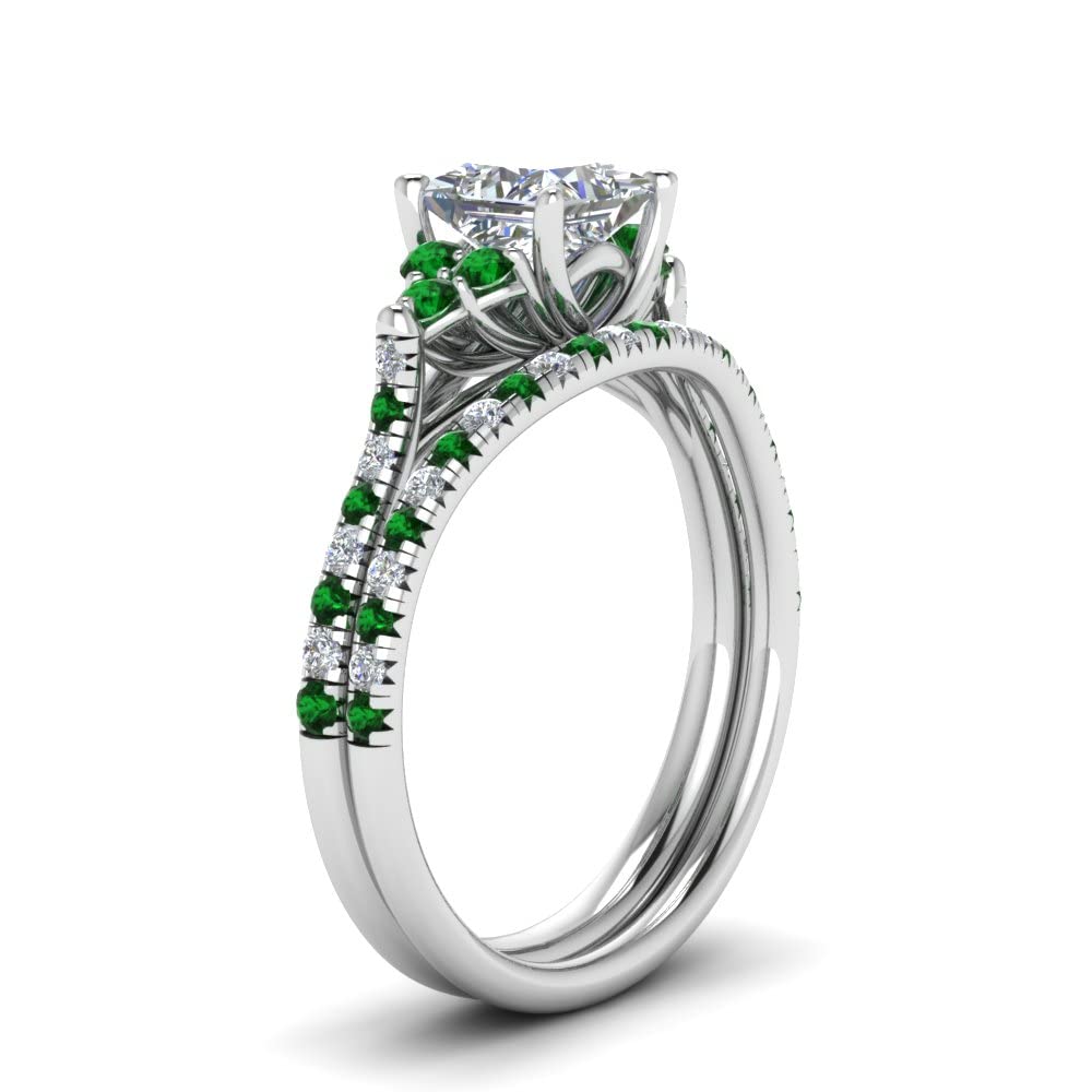 Gemsonclick Princess Cut Petite Cathedral Wedding Ring Set sterling silver Created Emerald Princess shape Green color Wedding Ring Sets prong Setting in Size 7 Casual Wear for Gift