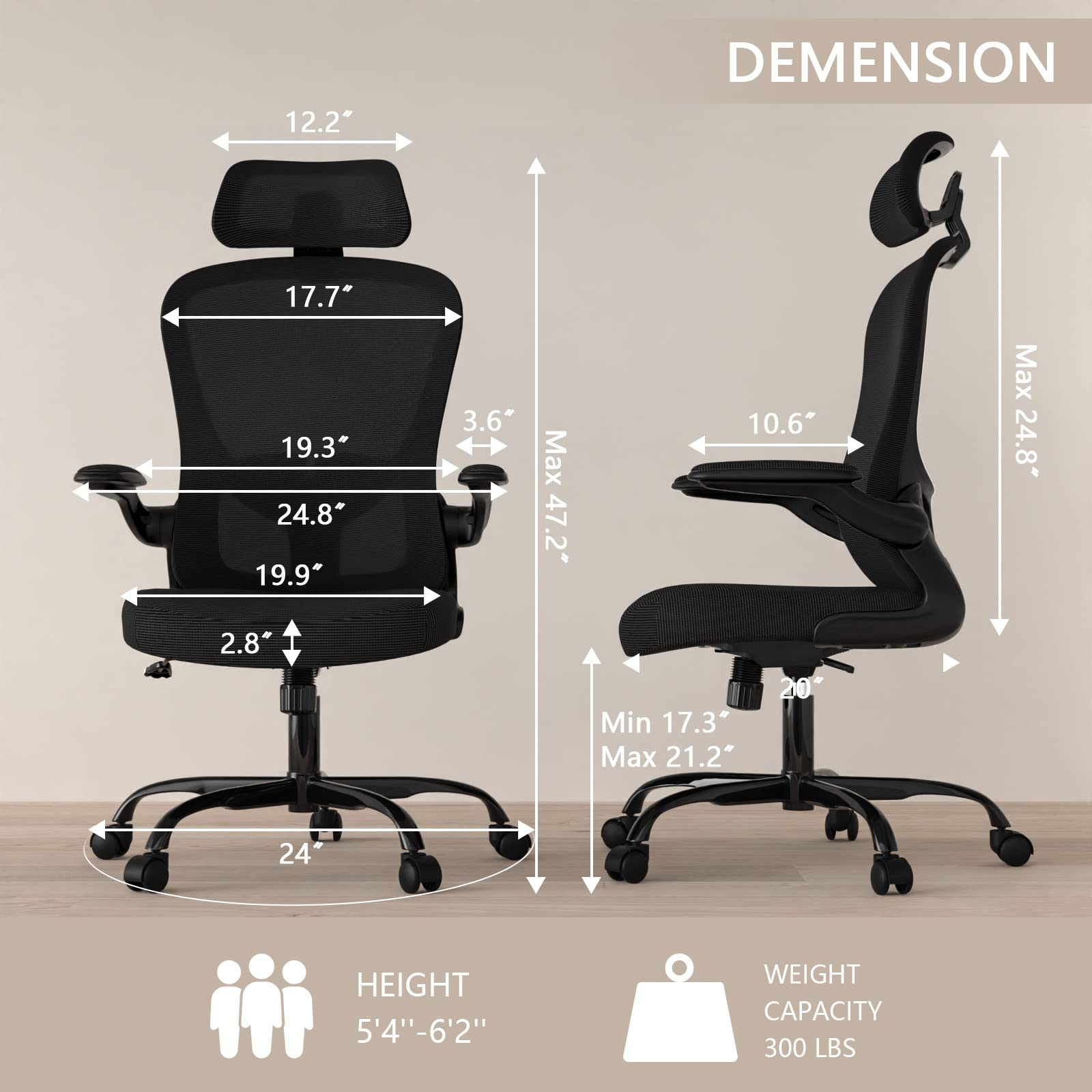Ergonomic Office Chair, Comfortable Swivel Computer Chair, Breathable Mesh Desk Chair, High Back Home Office Chair with Flip-up Arms and Lumbar Support