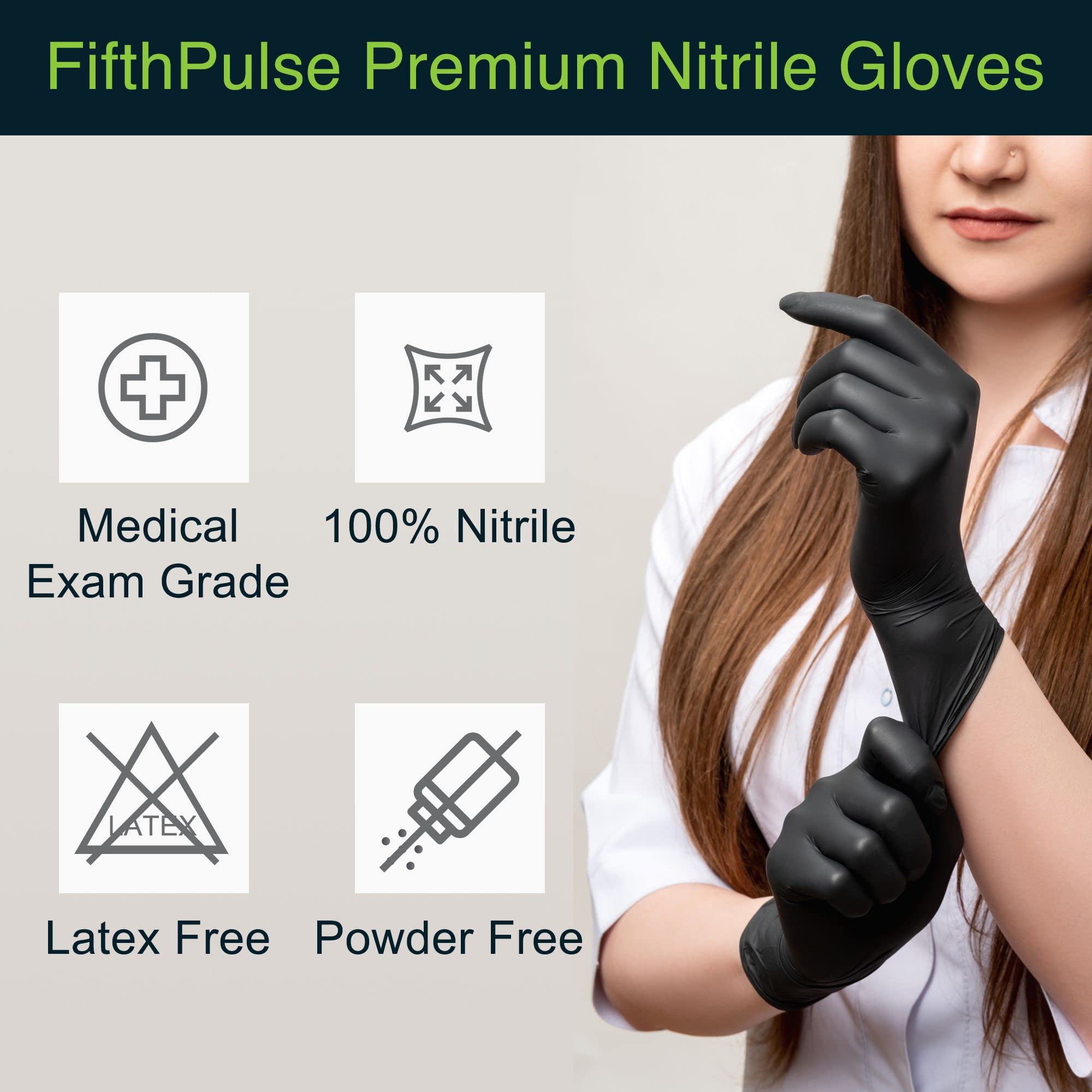 FifthPulse Black Nitrile Medical Gloves X Small, 100 Count - Surgical Grade Latex Free Disposable Gloves X Small Rubber Gloves (Guantes Desechables)