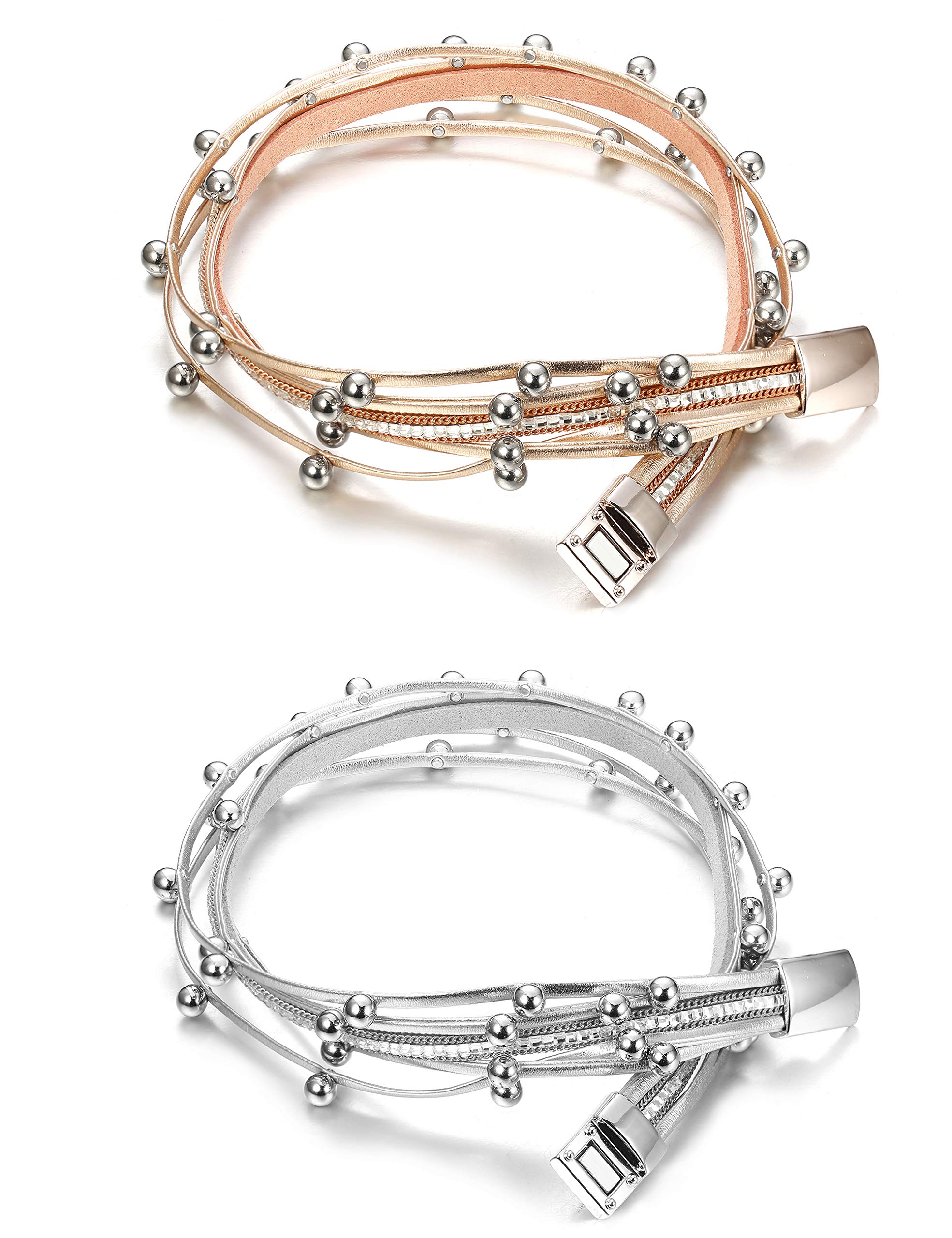 FINREZIO 2 PCS Silver&Rose Gold Tone Multilayer Wrap Bracelets For Women Girls Leather Cuff Bracelets Fashion Boho Bead Charm Stackable Bracelets Set