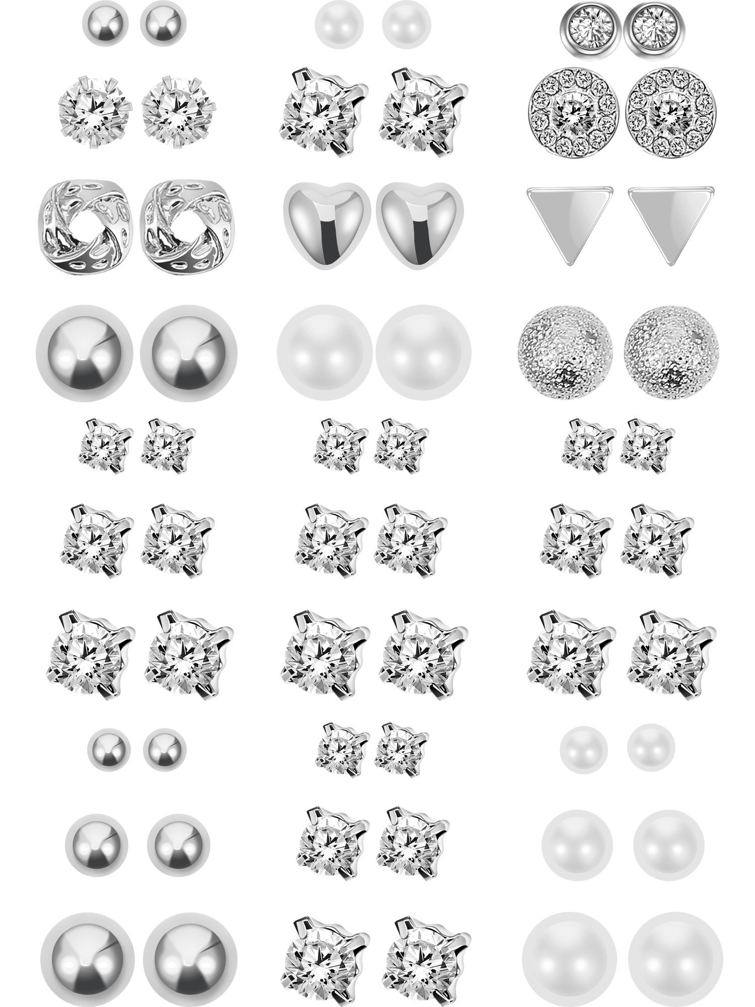 Frienda 30 Pairs Stud Earrings Multiple Earring Fake Crystal Pearl Earring Set (Silver)
