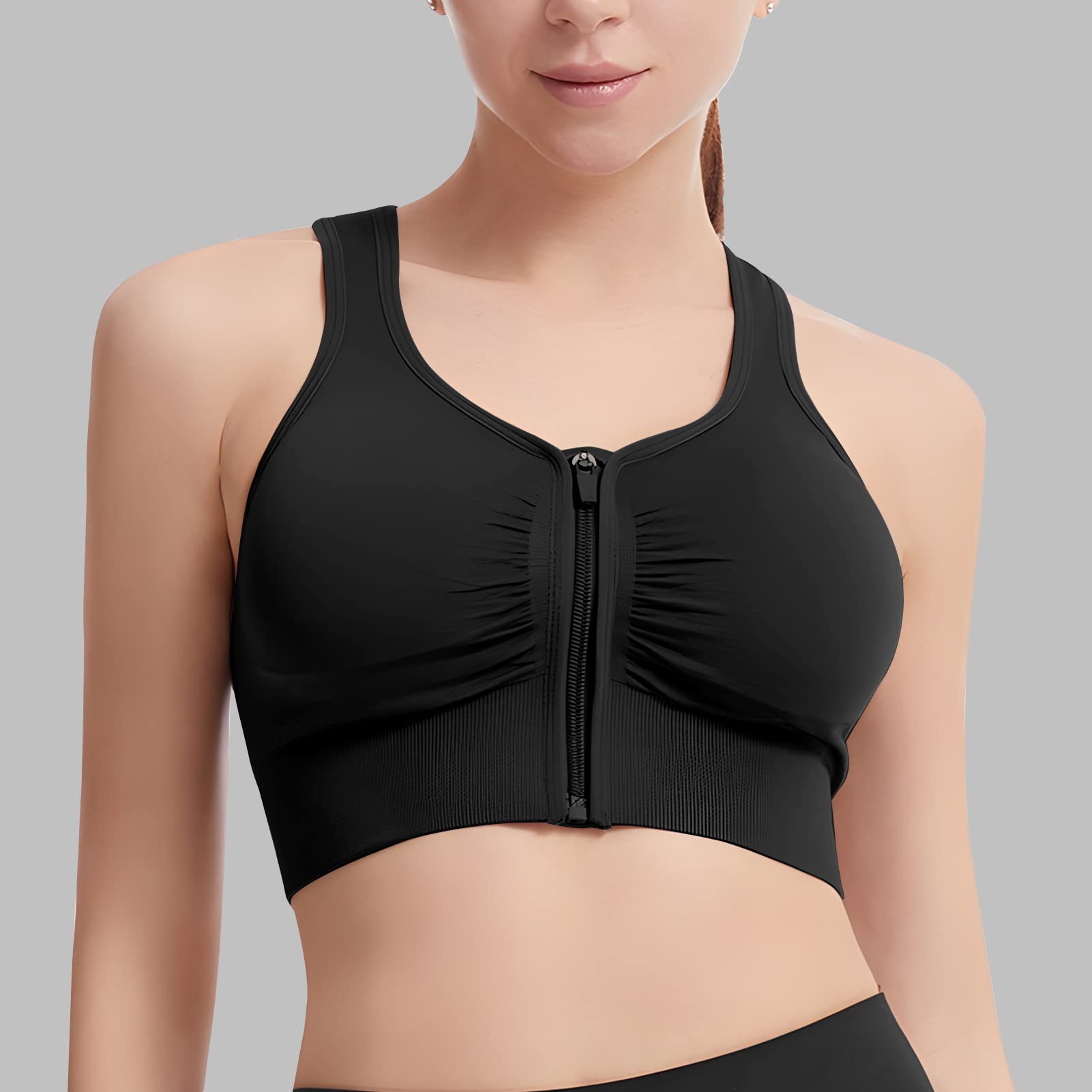 GoodSing Sport Bras for Women, Soft Padded Breathable Seamless Comfort with Zipper for Running Workout Yoga Bra, L