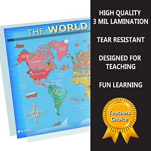 USA and World map poster 2 pack for kids Laminated large illustrated Light blue Young N Refined 15x20)