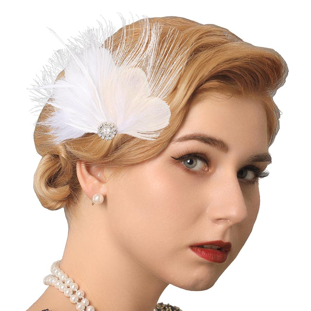 GENBREE White Feather Hair Clip 1920s Flapper Headpiece Crystal Headband Prom Party Head Accessories for Women