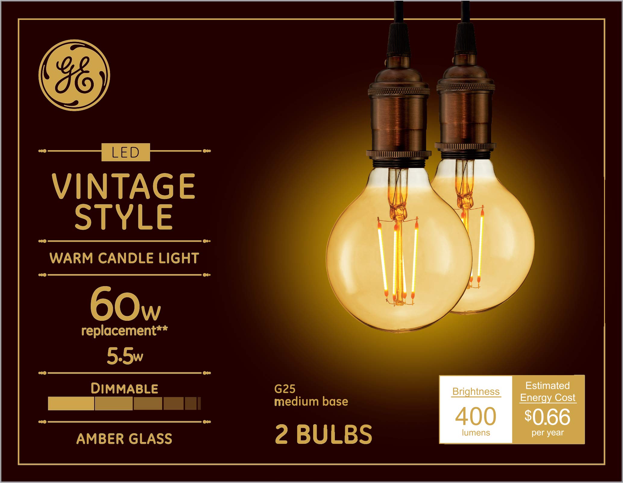 GE Lighting Vintage Style LED Globe Light Bulb, 4.5 Watt (40 Watt Equivalent) Warm Candle Light, Amber Glass, Medium Base, Dimmable (2 Pack)