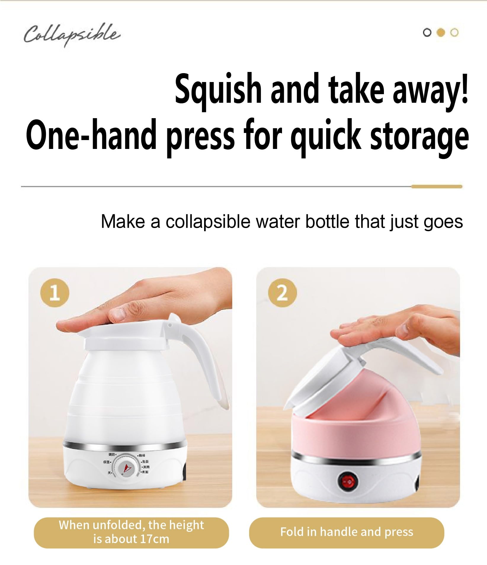 Electric Kettle,Collapsible Food Grade Silicone Small Portable Kettle,Temperature Adjustable,Travel Foldable Kettle,Boiling water for Tea Coffee,Boil Dry Protection (600ml,110V,600W,US Plug) (White)