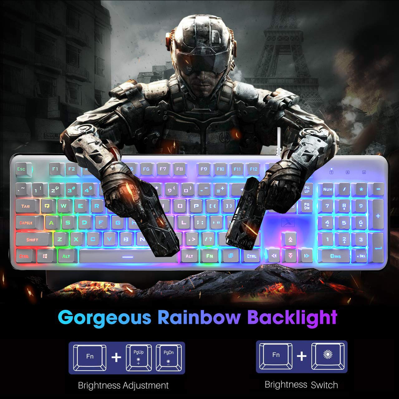 FELICON Mechanical Feeling Gaming Keyboard and Mouse Mousepad Combo,104 Keys Rainbow Backlit Gamer Keyboard and Mice Set,Large Mice pad 2400DPI 7 Button La Souris for PC Laptop Mac