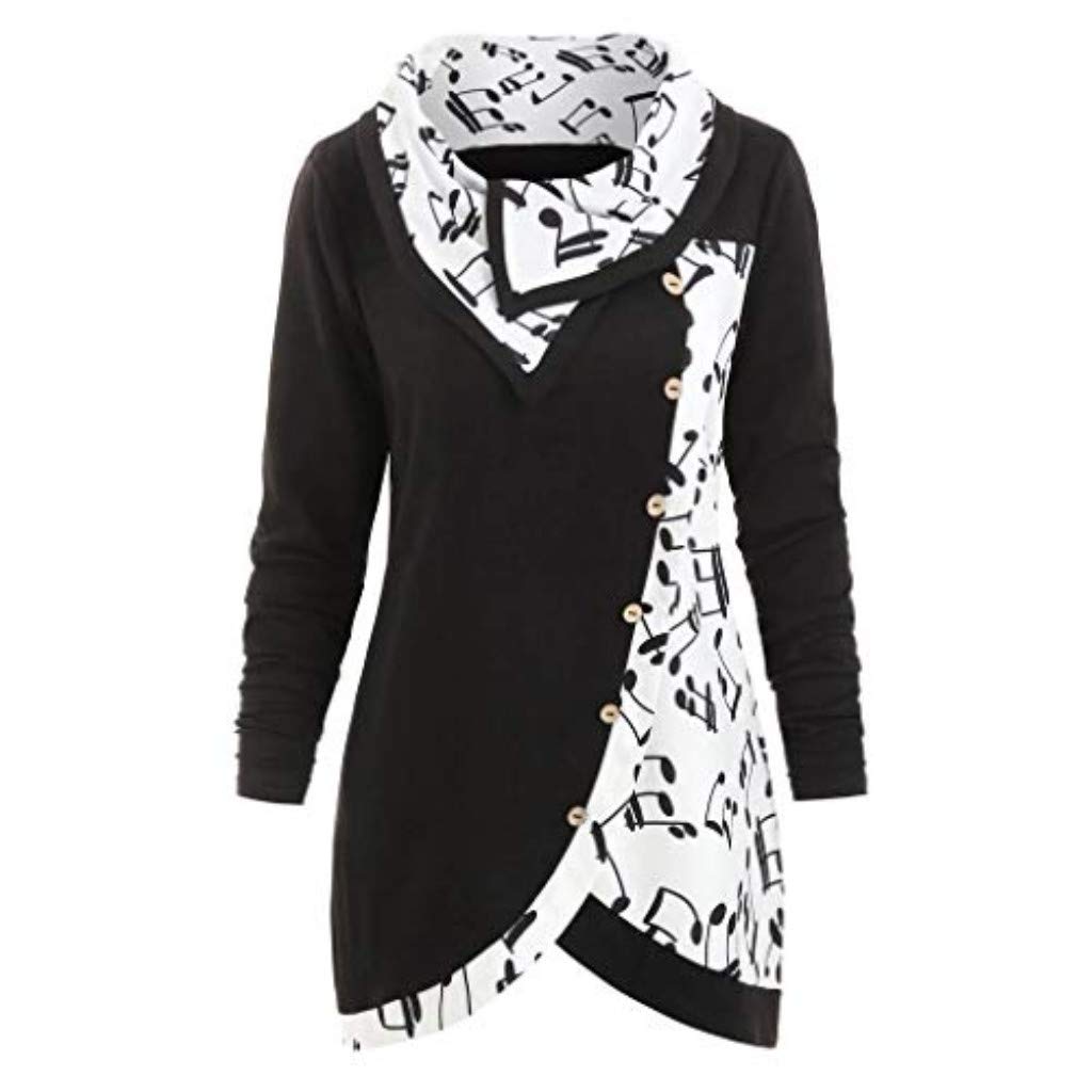 Fashion Women Solid Music Note Print Patchwork Long Sleeve T-Shirt Blouse Turtleneck Button Asymmetrical Hem Tops (Black) (L, Black)