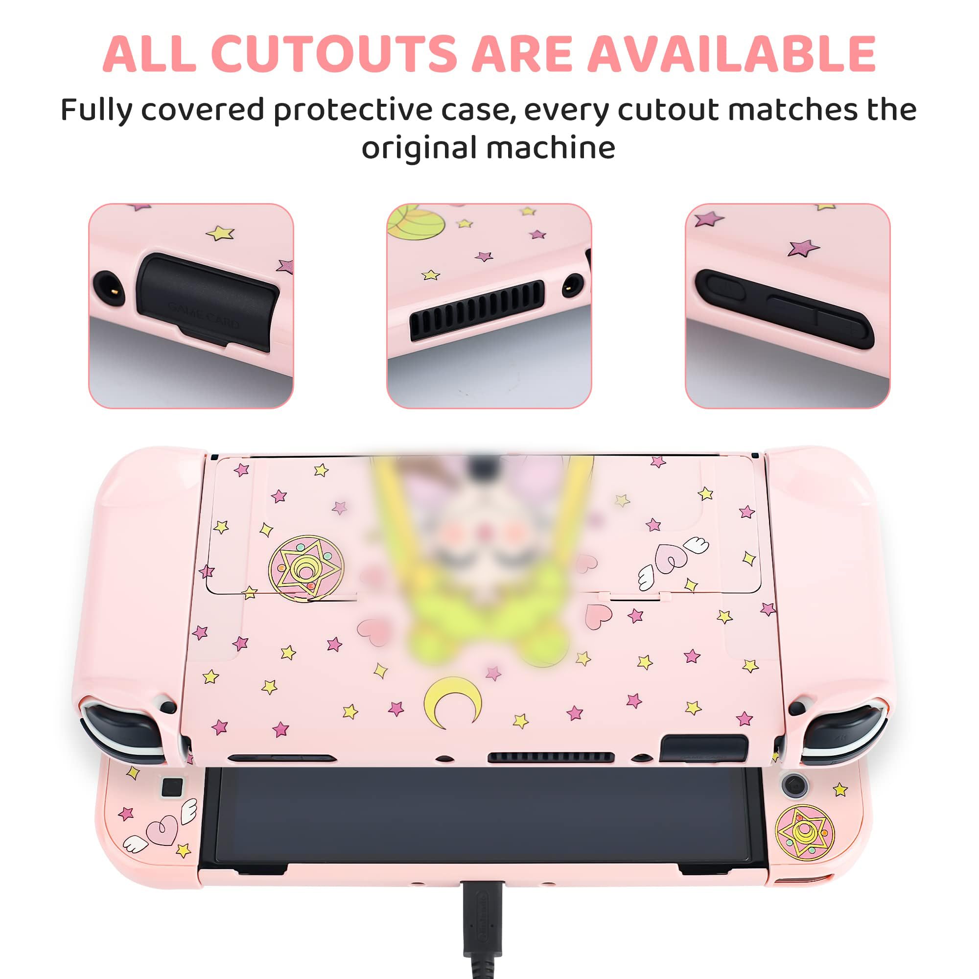 FUNDIARY Cute Anime Girl Protective Shell Compatible with Nintendo Switch OLED, Pink Flip Case for Switch OLED and Joycon Controller with Screen Protector and 4 Thumb Caps