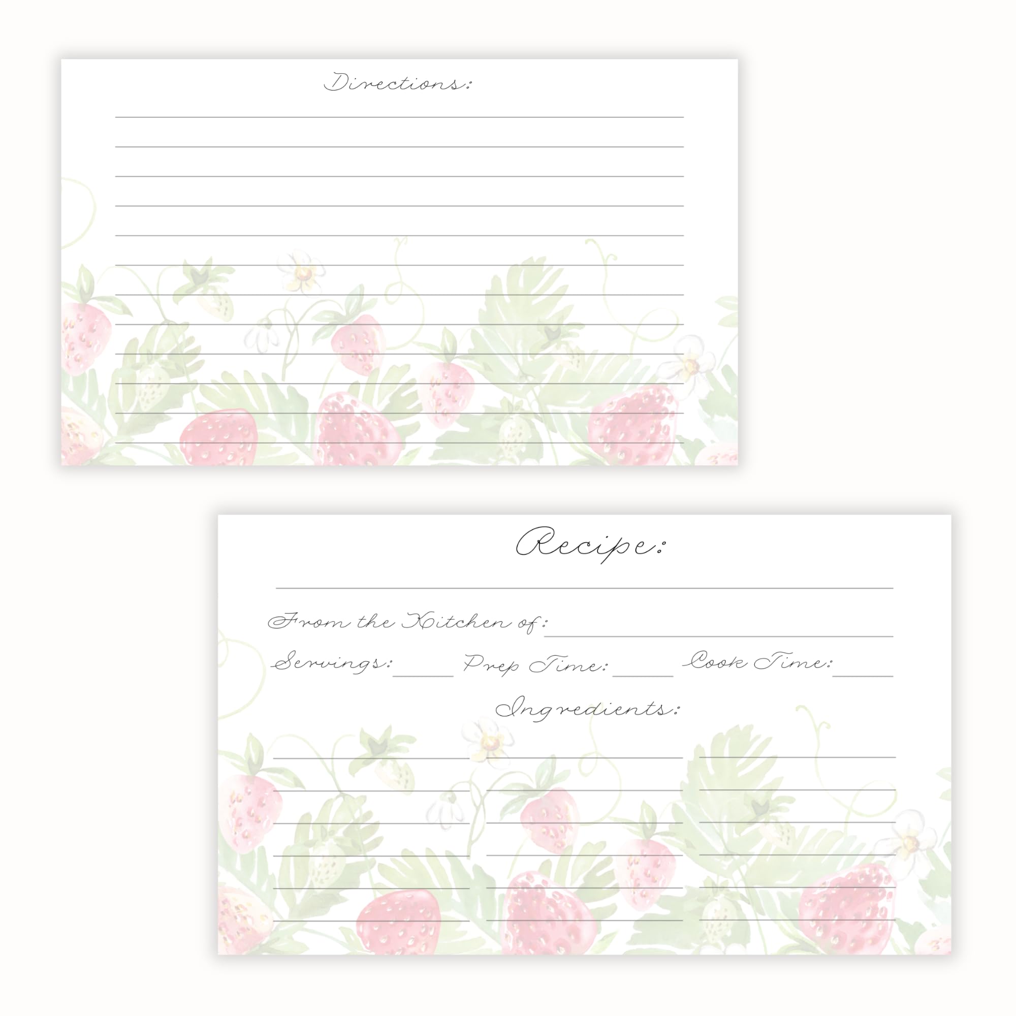 Recipe Cards, 4x6 inches, 25 Pack, 18 Ingredient Lines, Strawberry Daydreams Design
