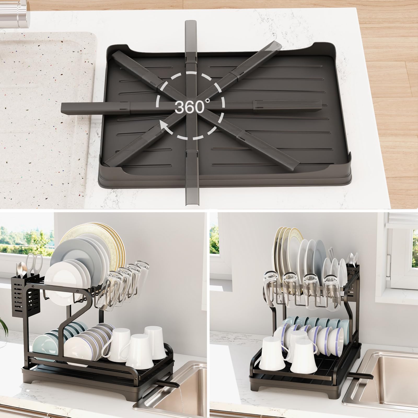 HORIAMIT Dish Drying Rack for Countertop, Large 2-Tier Rustproof Dish Rack with Drainboard, Glass Holder, Utensil Holder