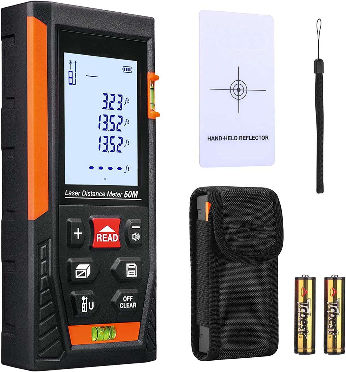 Laser Measure Mute Distance with 2 Bubble Levels, Measure Distance, Area and Volume HD50