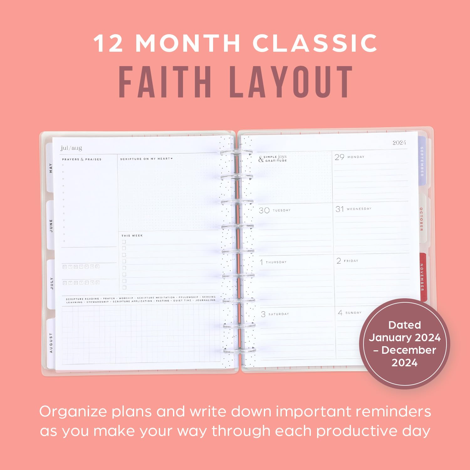 Happy Planner Disc-Bound 12-Month Planner, January 2024–December 2024 Daily, Weekly, Monthly Planner, Classic Size, Faith Layout, Peony & Sky Theme, 7 Inches by 9 3/4 Inches