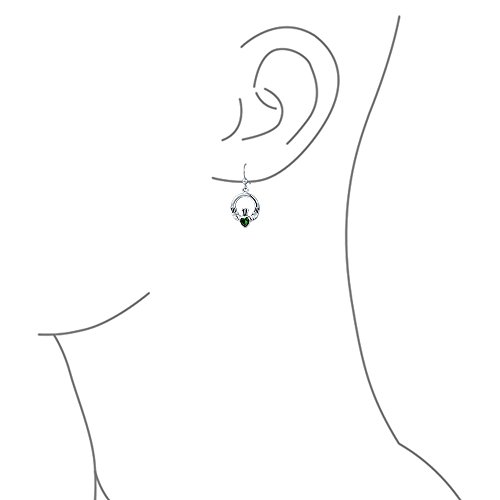 Friendship BFF Simulated Green Emerald CZ Heart Circle Irish Love Symbol Celtic Claddagh Dangle Earrings For Women Girlfriend Oxidized .925 Sterling Silver Fish Hook