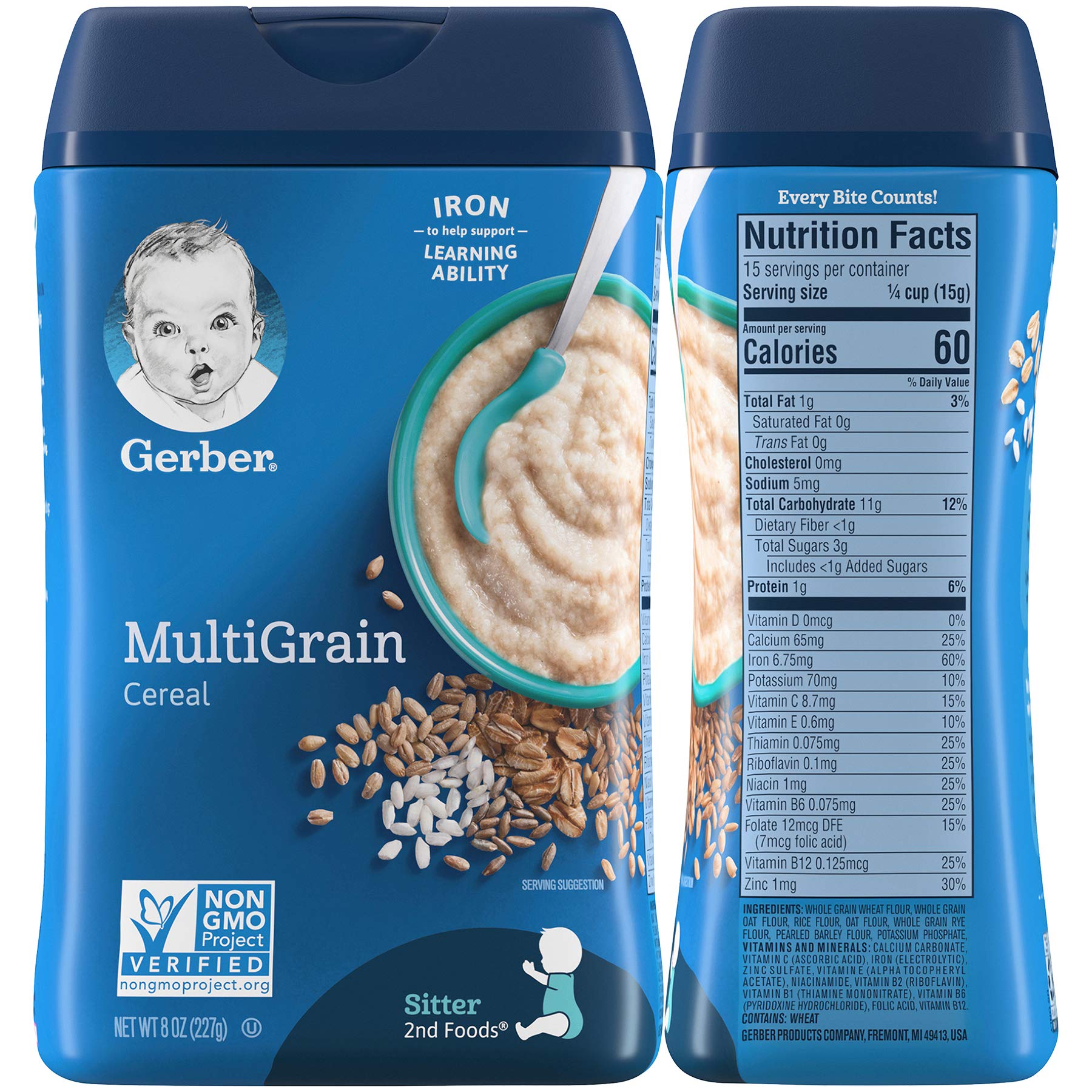 Gerber Baby Cereal Basic Flavor Variety Pack Combo- 8oz: Oatmeal Rice Cereal, Multigrain Cereal, and Whole Wheat Cereal- Bundle of 4 8oz Containers