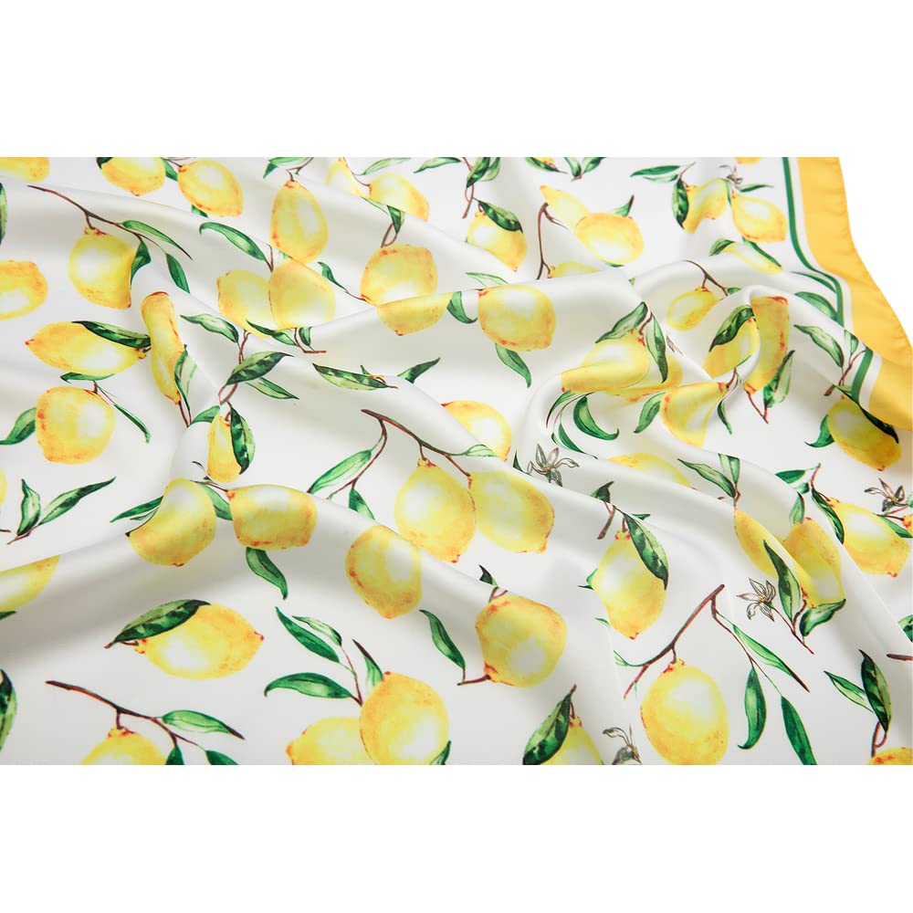 NaSoPerfect Silk Like Scarf Square Handkerchief Lemon Pattern Satin Ribbon Neck Scarfs for Women Yellow 21" x 21"