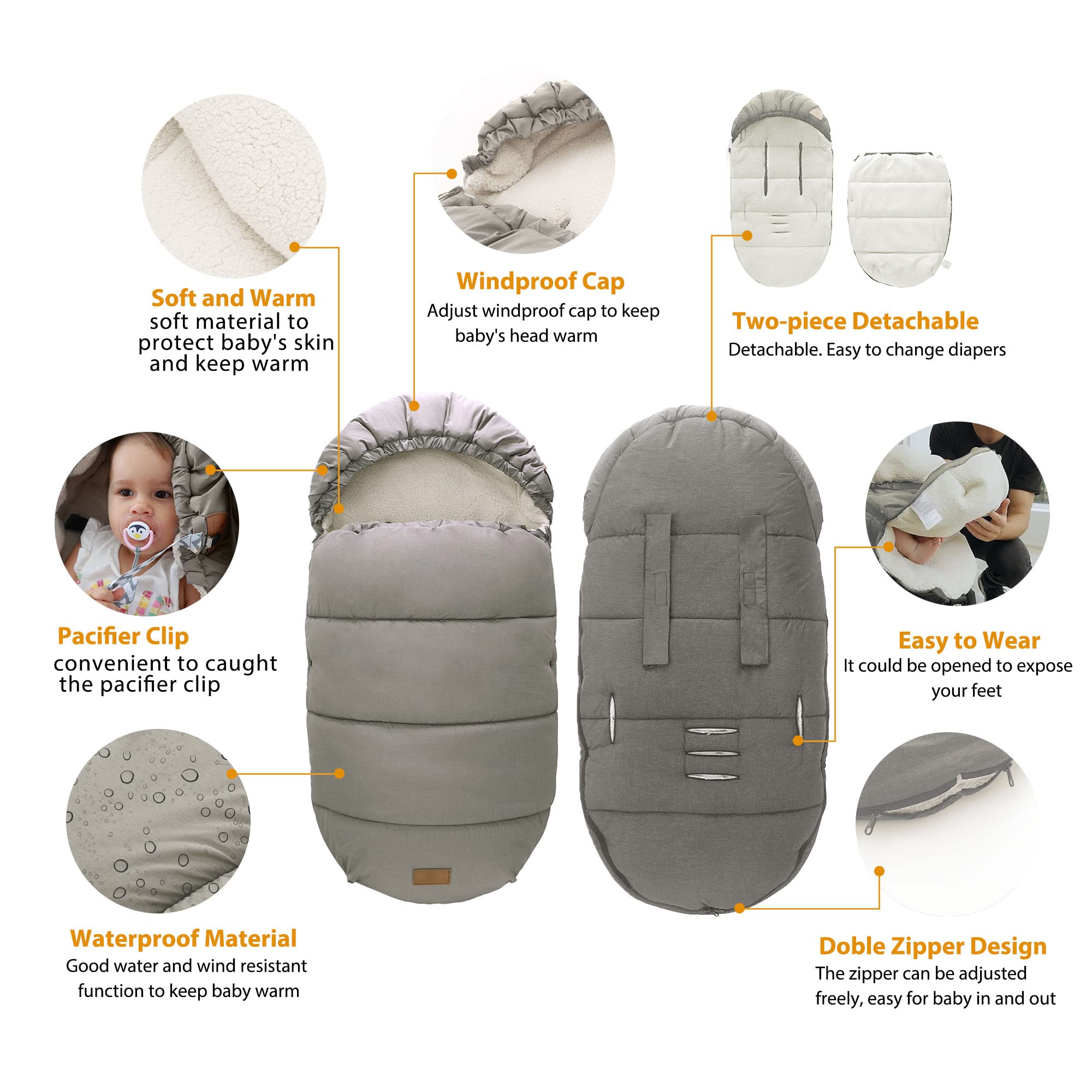 LAT Baby Warm Bunting Bag Universal,Stroller Sleeping Bag Cold Weather,Waterproof Toddler Footmuff(Detachable,Grey)