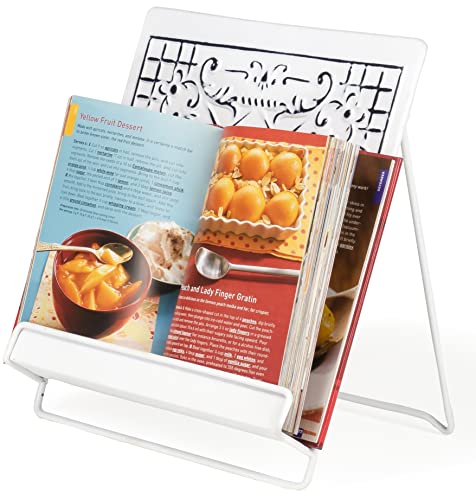 Red Co. 9.5” x 11.25” Foldable Embossed Metal Cookbook Stand & Recipe Holder, Distressed White