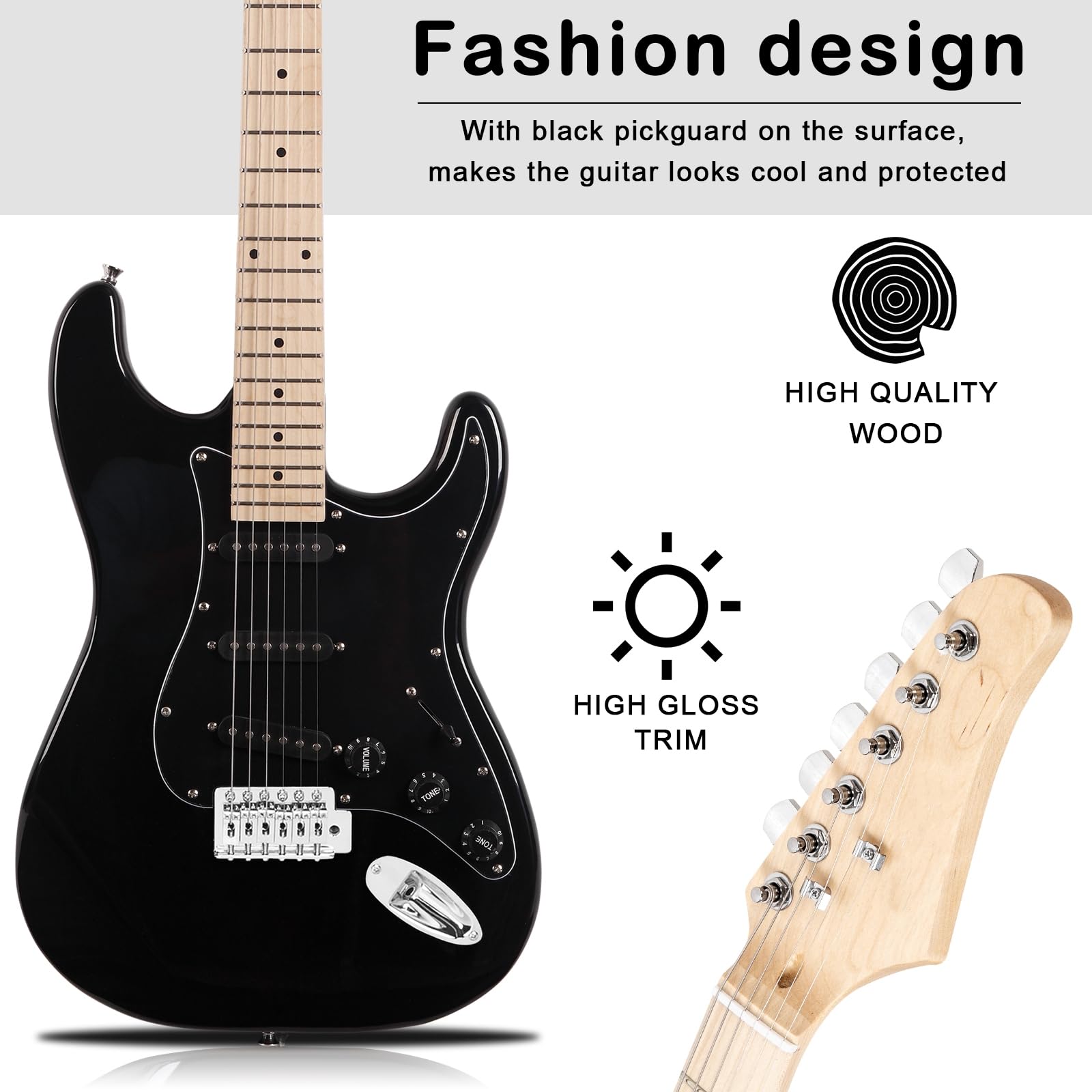 Ktaxon 39 Inch Electric Guitar with Amp, Full Size 6 String SSS Pickups Electric Guitars Kit W/Accessories Guitar Strap, Plectrum, Gig Bag, Tremolo Bar for Beginner (White)