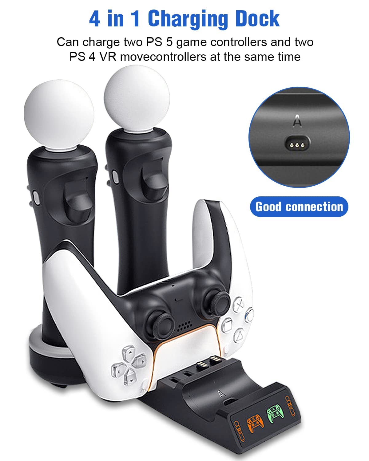 Hdiwousp PS5 Controller Charger Station, 4 in 1 PS5 Controller Charging Station, Fast Charging Dock Compatible with PS 5 VR Wireless Controller, Playstation 5 Charging Station with LED Indicator