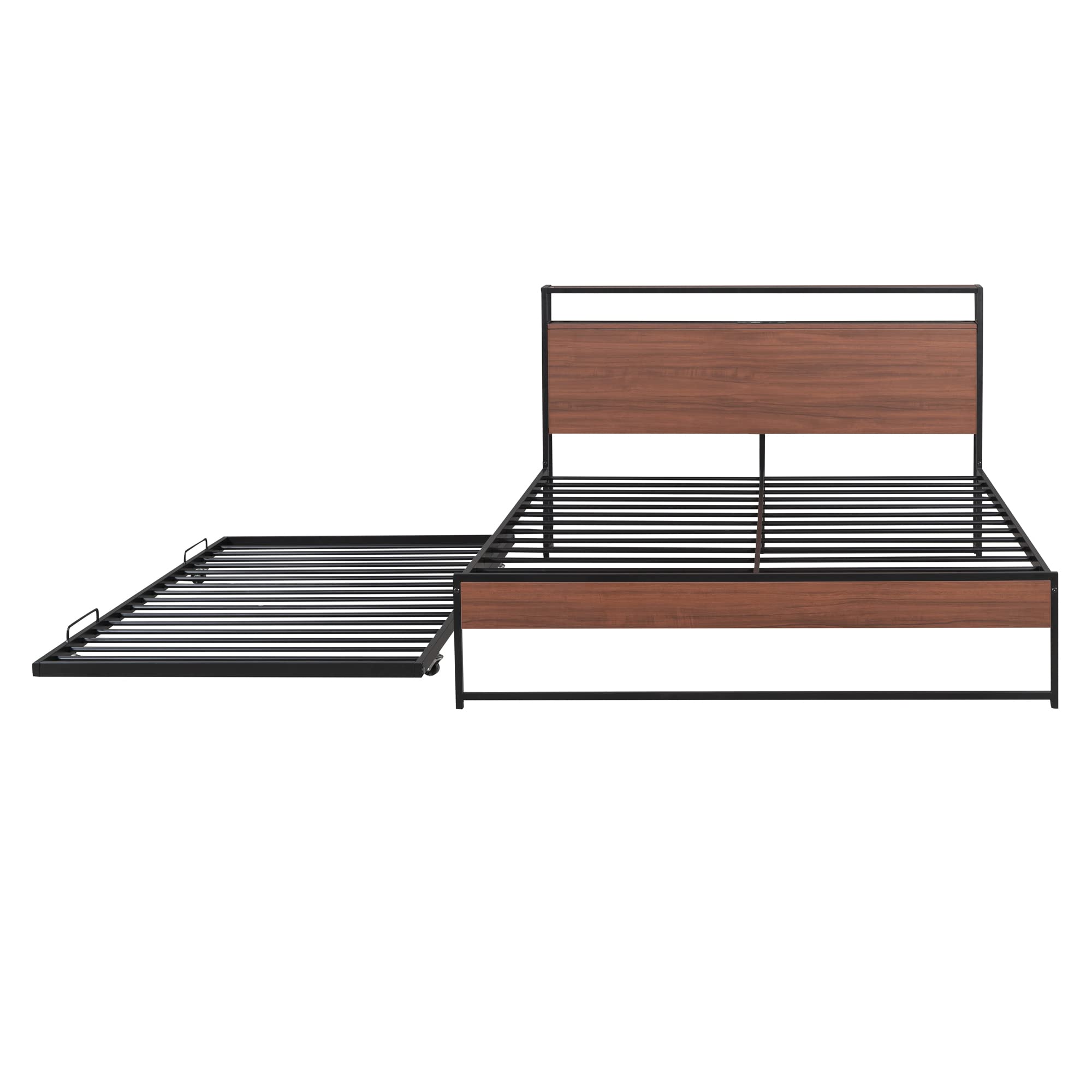 LostCat Queen Bed with Trundle, Metal Bed Frame with Twin Size Trundle, Queen Size Bed Frame with Storage Headboard USB Ports Outlets for Bedroom, Steel Slat Support, No Box Spring Needed, Black