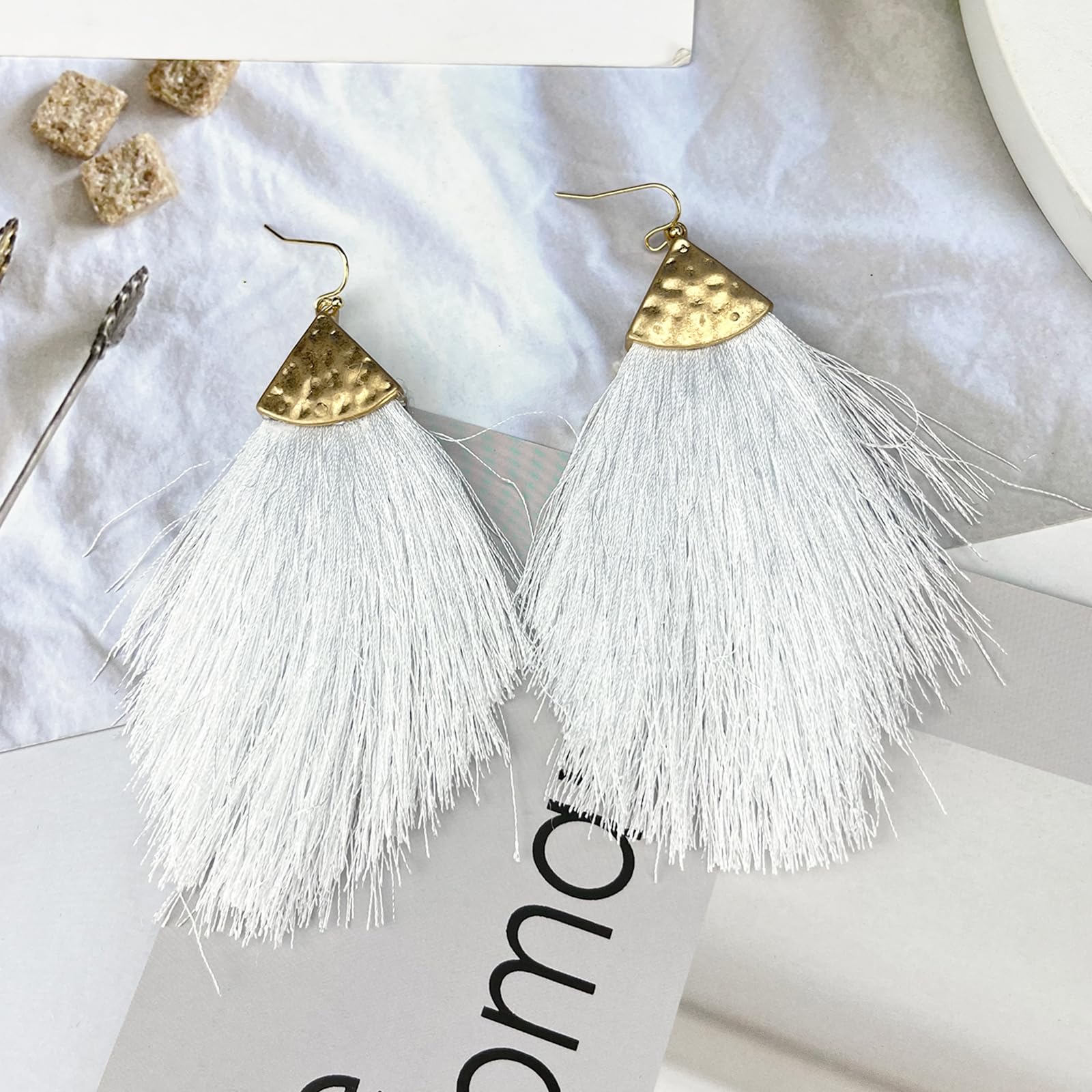 Fringe Tassel Statement Dangle Earrings- Lightweight Long Silky Feather Earrings Tassel Necklaces For Women