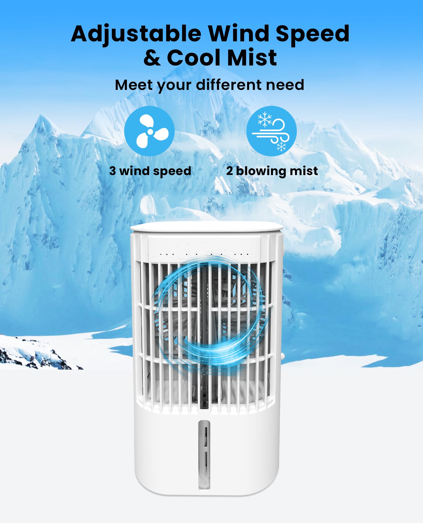 LATITOP Portable Air Conditioners Fan, Air Cooler Evaporative 180°Auto Rotation, 3 Wind Speed, 2-4H Timer, Mini Cooling Fan for Room Home Bedroom Office