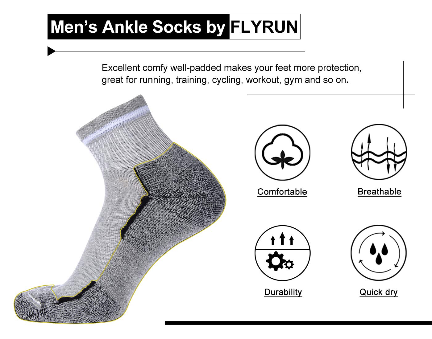 FLYRUN Men's Athletic Ankle Quarter Socks Men Comfort Cushion Moisture Wicking Work Sock 6 Pack