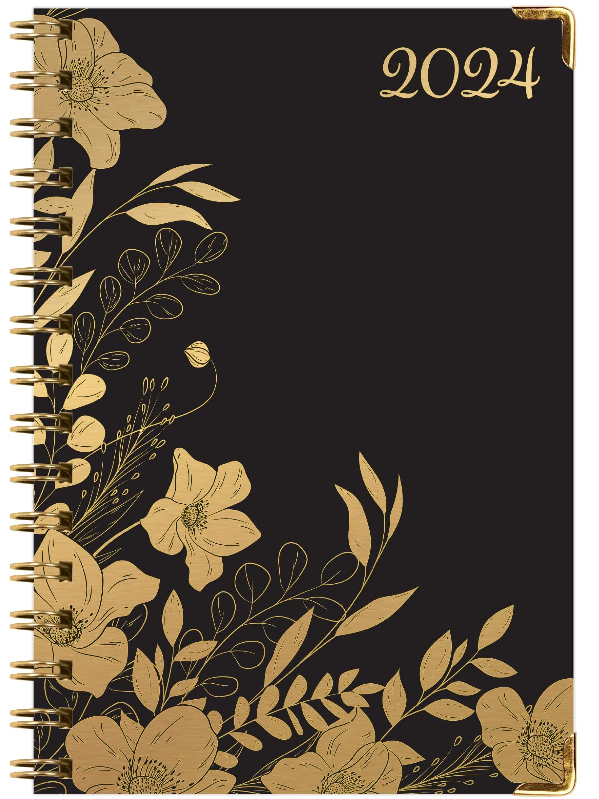 HARDCOVER 2024 Planner: (November 2023 Through December 2024) 5.5"x8" Daily Weekly Monthly Planner Yearly Agenda. Bookmark, Pocket Folder and Sticky Note Set (Golden Floral)