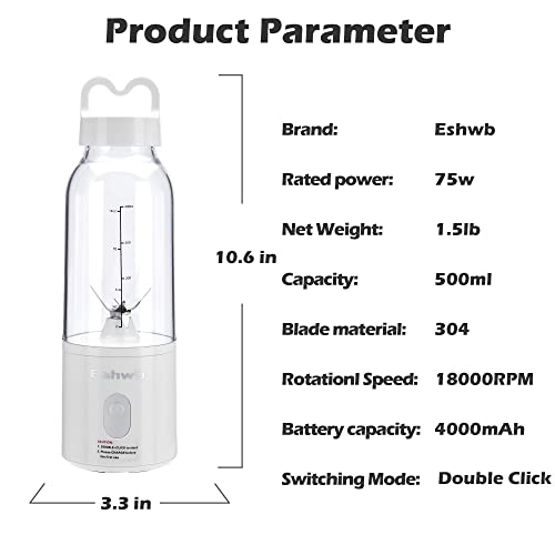 Eshwb Personal Blender for Shakes and Smoothies,Portable Blender with 3D 6 Blades,smoothie Blender Rechargeable USB Blender for Home,Travel Outdoors (White)