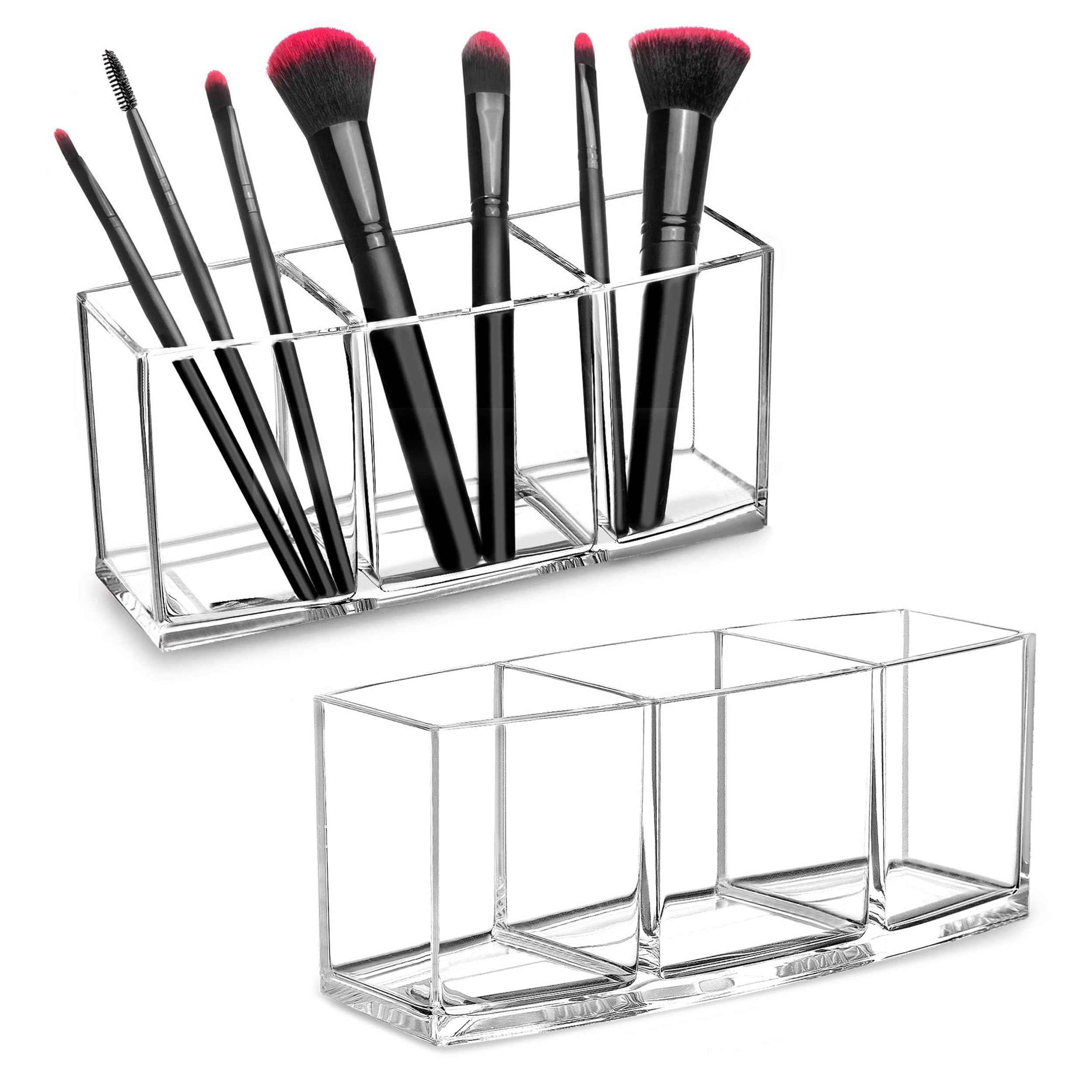 HBlife Clear Makeup Brush Holder Organizer, Acrylic Cosmetic Brushes Storage with 3 Slots, Eyeliners Display Case for Vanity