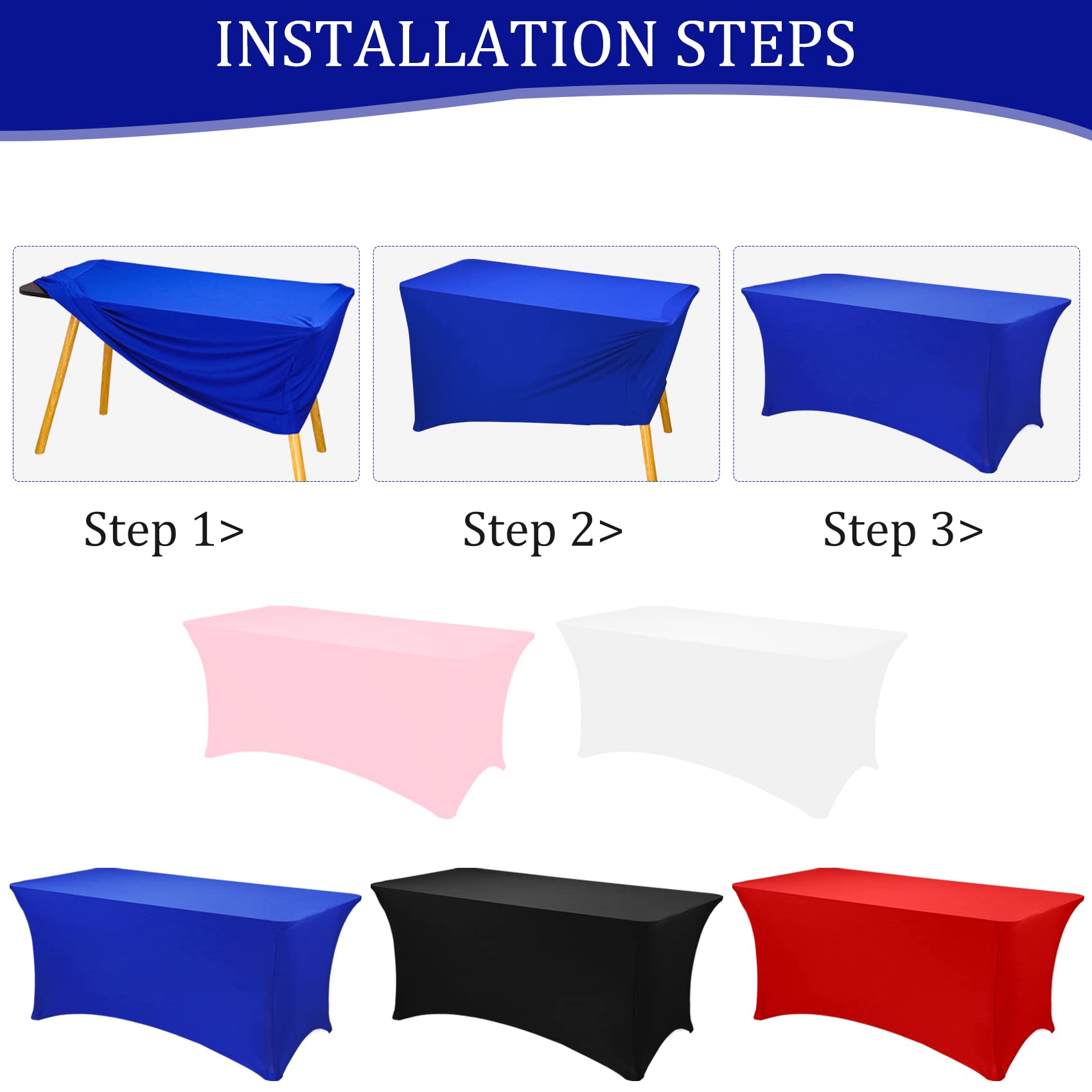 JALANCY 8 Pack 8FT Spandex Table Covers Fitted Rectangle Tablecloth Washable Wrinkle Resistant Stretch Table Cloth for Folding Table Wedding Party Birthday Banquet Bar Events (Royal Blue