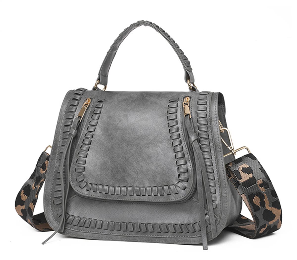 HANDAFA Convertible Satchel Handbag Woven Leopard Shoulder Hnadbag Crossbody With Gituar Strap For Women(Grey)