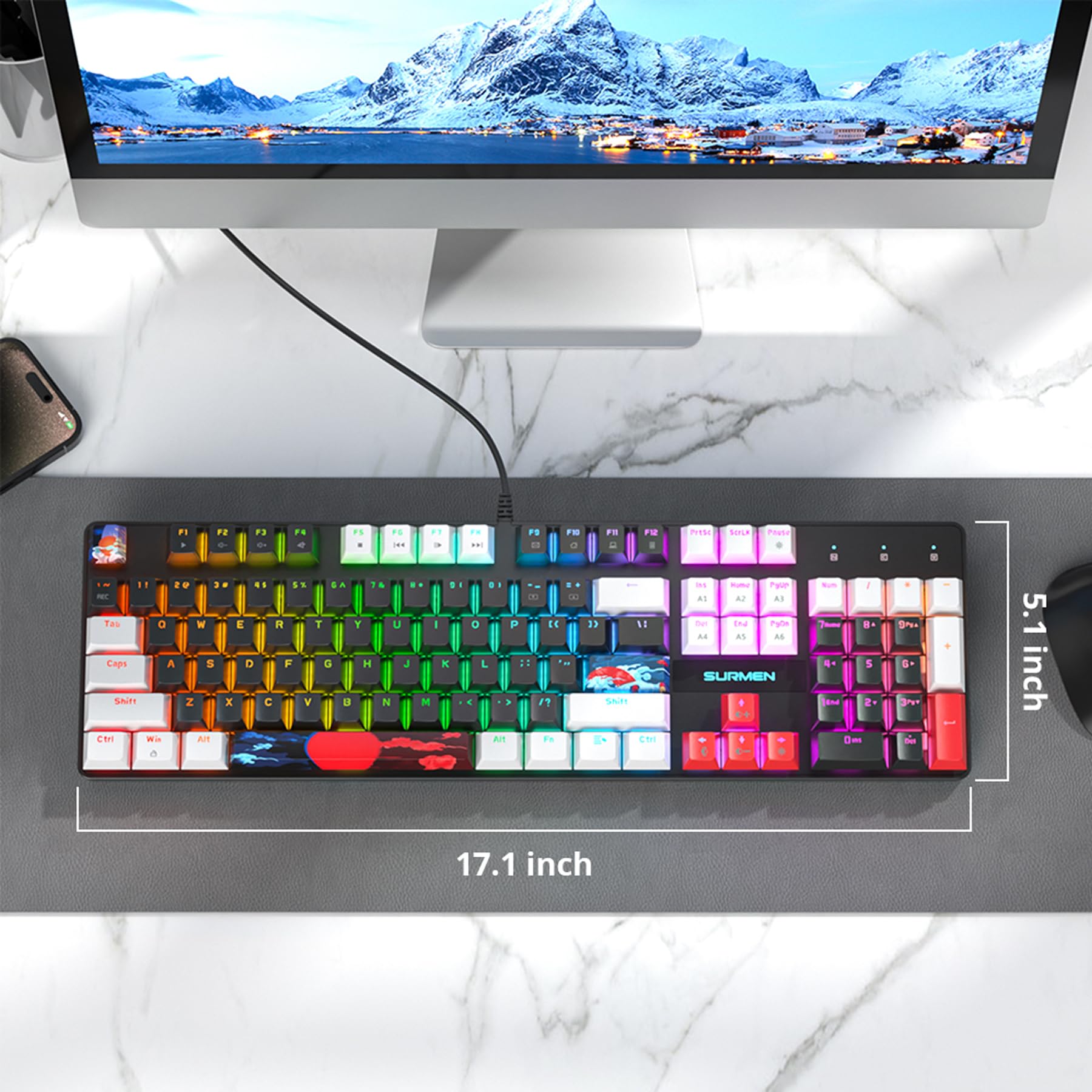 Fogruaden 60% Mechanical Keyboard, 61 Keys Gaming Keyboard with PBT Keycaps and 3 Extra Dye-Sub keycaps, Rainbow Backlit, Wired NKRO for PC/Mac Gamer