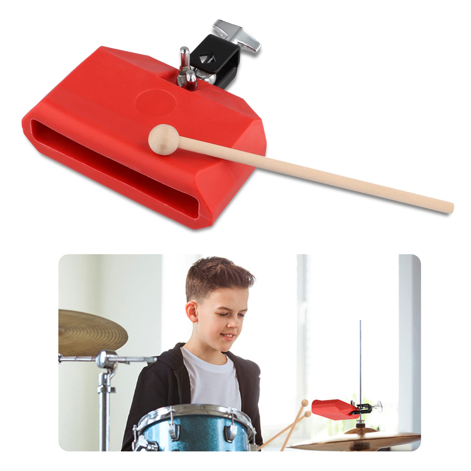 Jam Block, Plastic Cowbell Jam Drum Block with a Drumstick, Musical Percussion Block with Adjustable Mounting Bracket, Latin Drum Instrument, Red