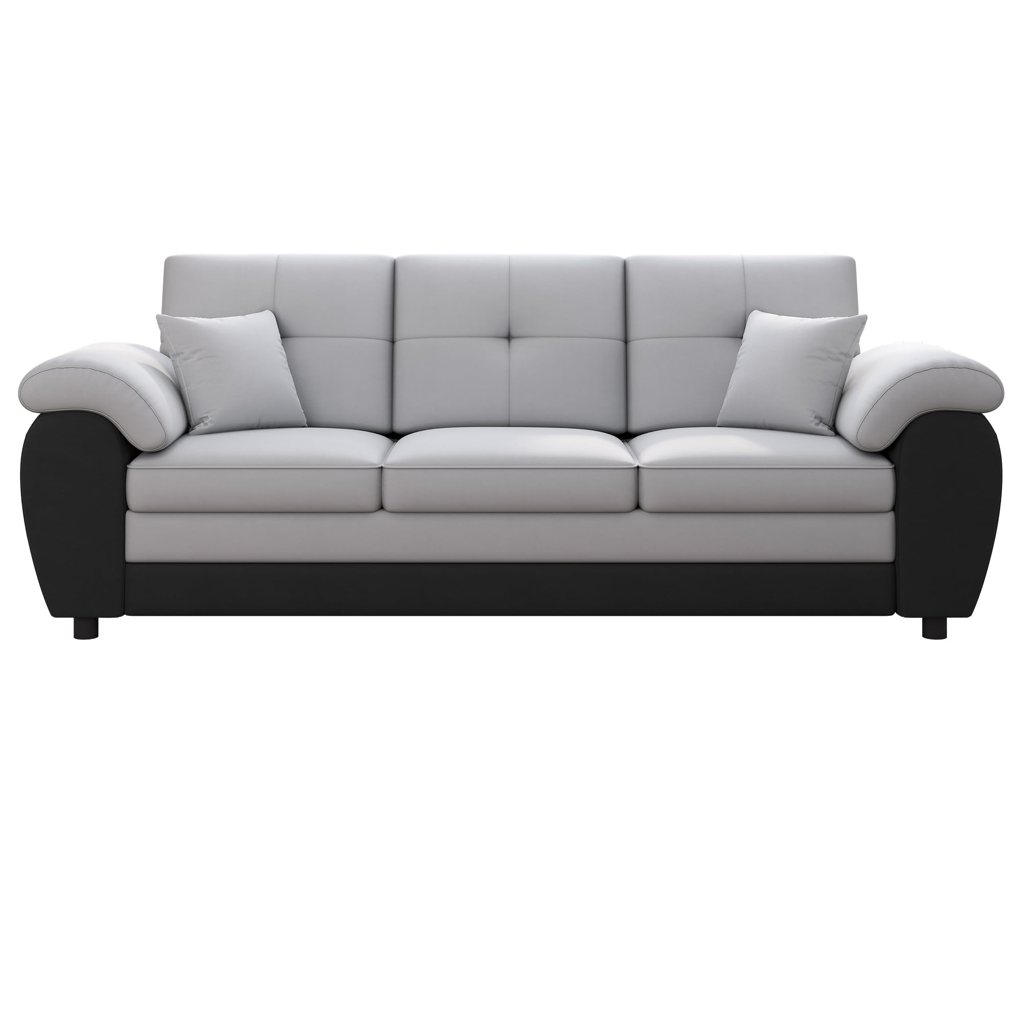 PHOYAL 3 Seater Sofa, 81.8β Modern Futon Sofa Bed Mid-Century Sofa with Two Pillows Velvet Upholstered Sofa, PU Armrest and Base for Living Room, Bedroom, Apartment, Grey