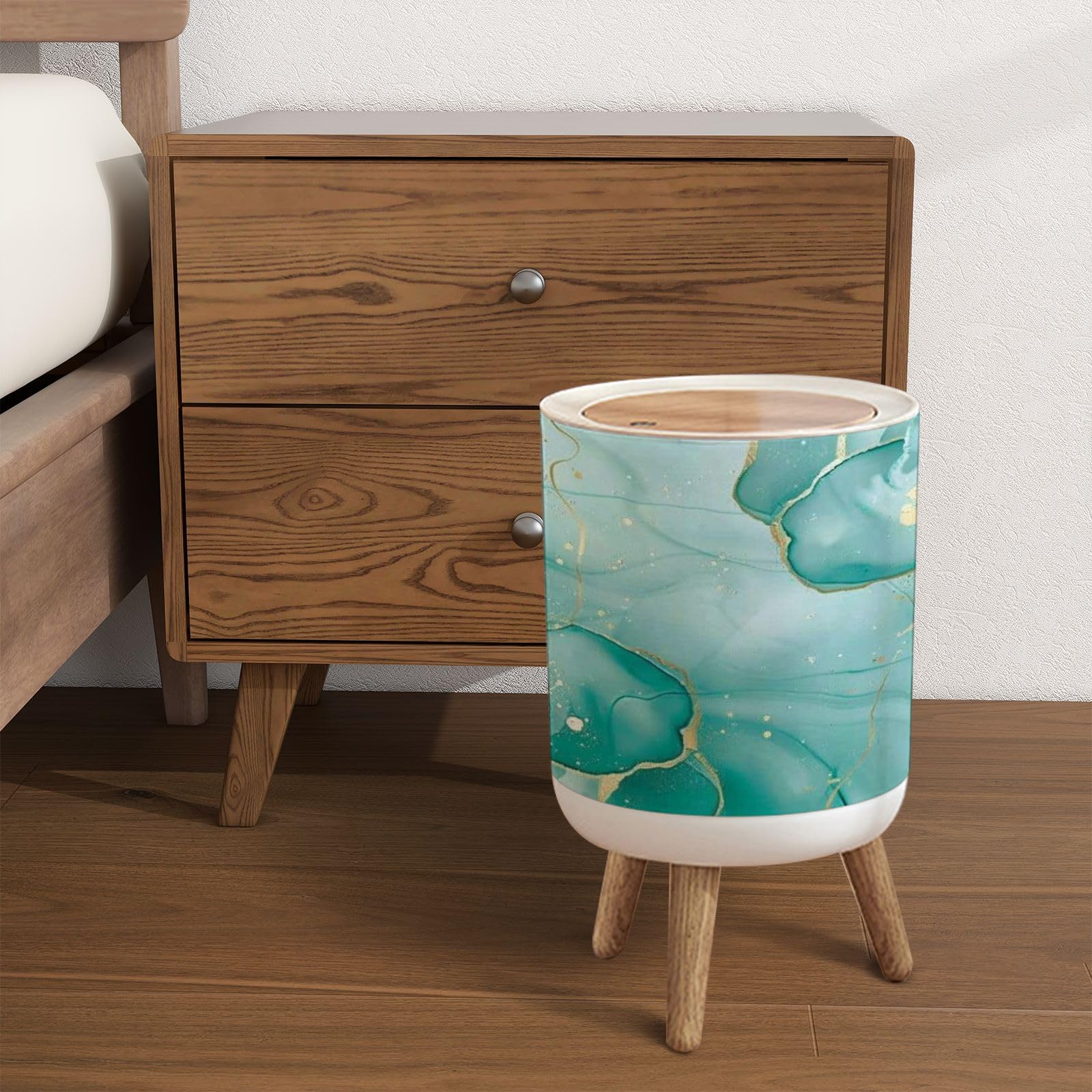PHAIBHKERP Trash Can with Lid Pastel Cyan Mint Liquid Marble Watercolor Gold Lines Brush Garbage Can Round Waste Bin Press Cover Dog Proof Wastebasket for Kitchen Bathroom Living Room Nursery 1.8gal