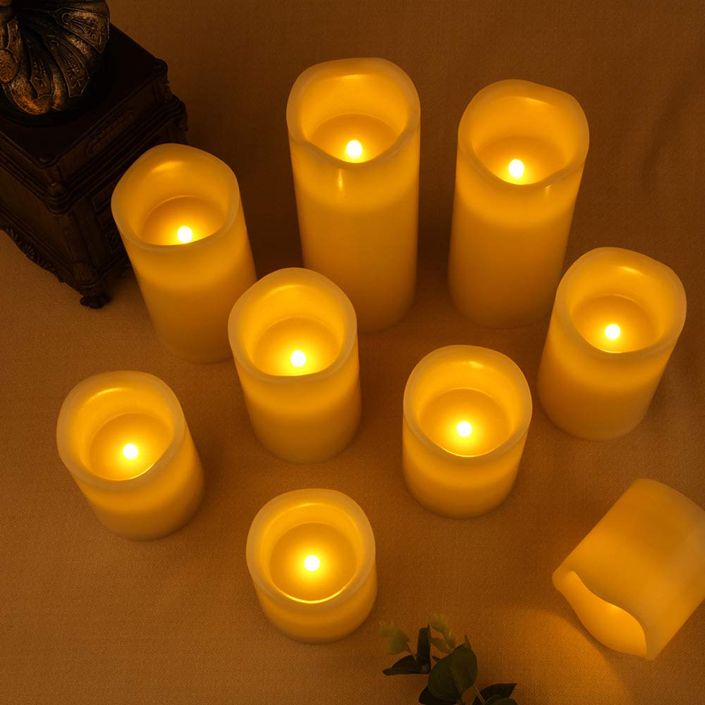 Flameless Candles LED Candle Set of 9 (D 3" x 3" 4" 5" 6" 7" 8") Flickering Electric Candles aa Battery Operated, Real Wax Moving Wick LED Pillar Candle Sets with Remote Control and Timer
