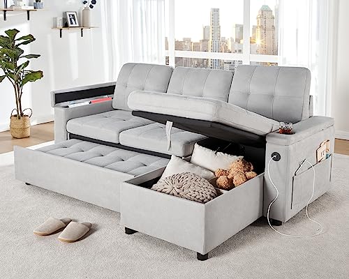 VanAcc Sleeper Sofa, Modern Tufted Convertible Sofa Bed, USB Charging Ports & Cup Holders, L Shaped Sofa Couch with Storage Chaise, Chenille Couches for Living Room (Light Grey)