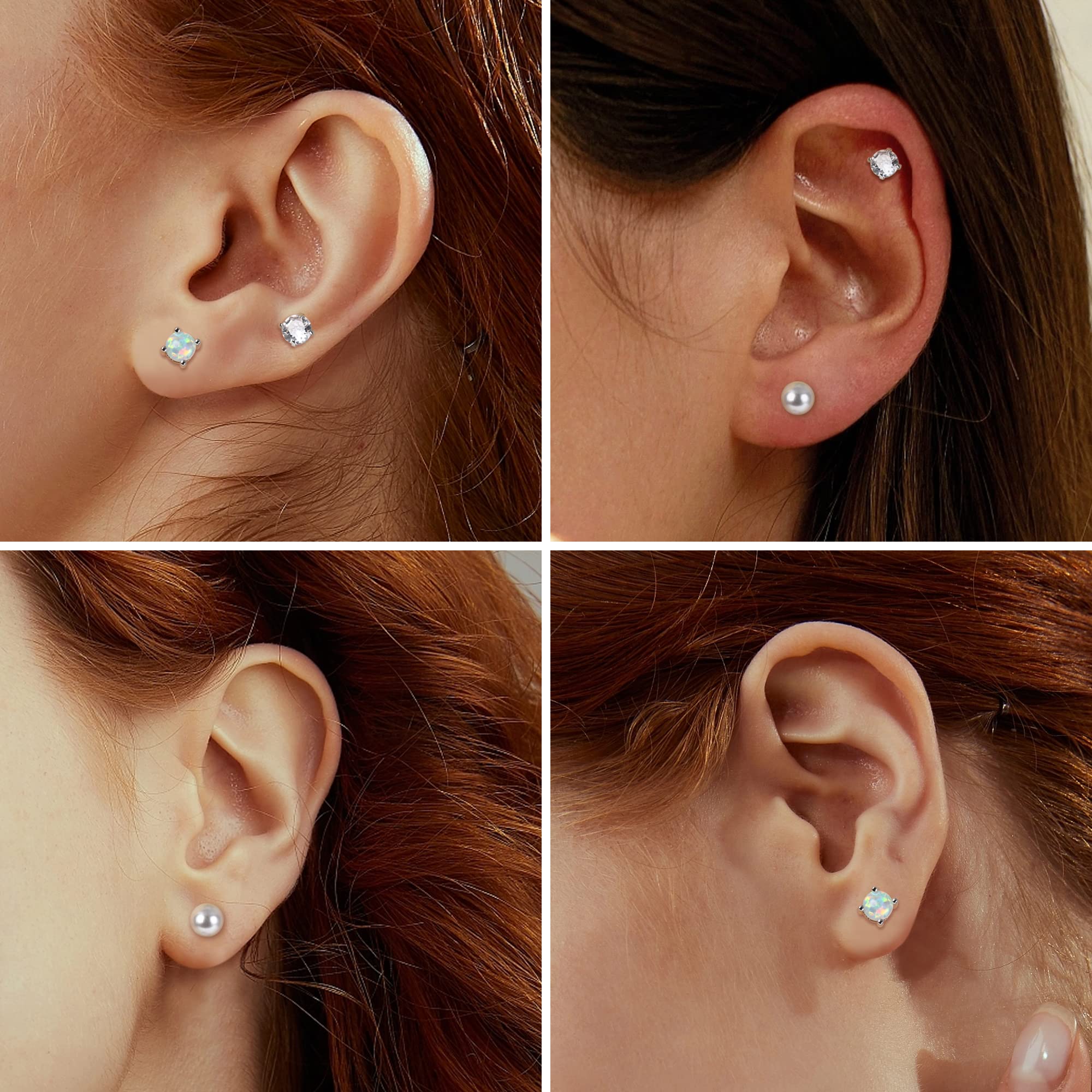FIASASO 3 Pairs Sterling Silver Stud Earrings for Women Men Teen Hypoallergenic Earrings Pearl Opal CZ Stud Earrings Tiny Stud Earrings Set