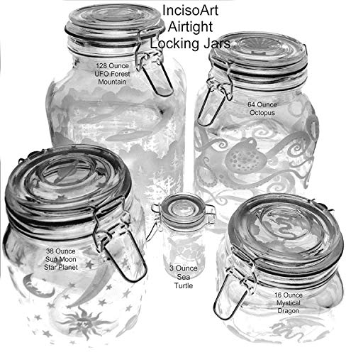 IncisoArt Hand Etched Glass Jar Airtight Canister Sandblasted (Sand Carved) Handmade Engraved Locking Wire Clamp Lid (Sun Moon Stars Planets, 38 Ounce)