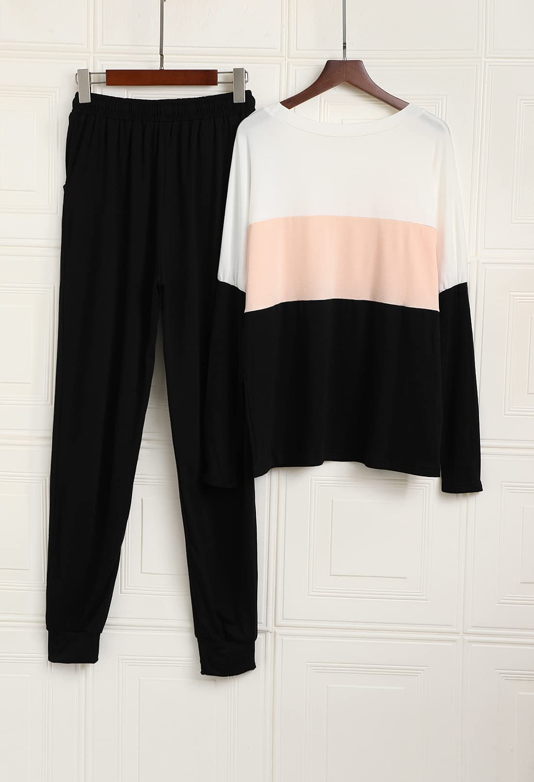 Fixmatti Women 2 Piece Outfit Long Sleeve Colorblock Shirt Pant Set Jogging Sweatsuit Black M